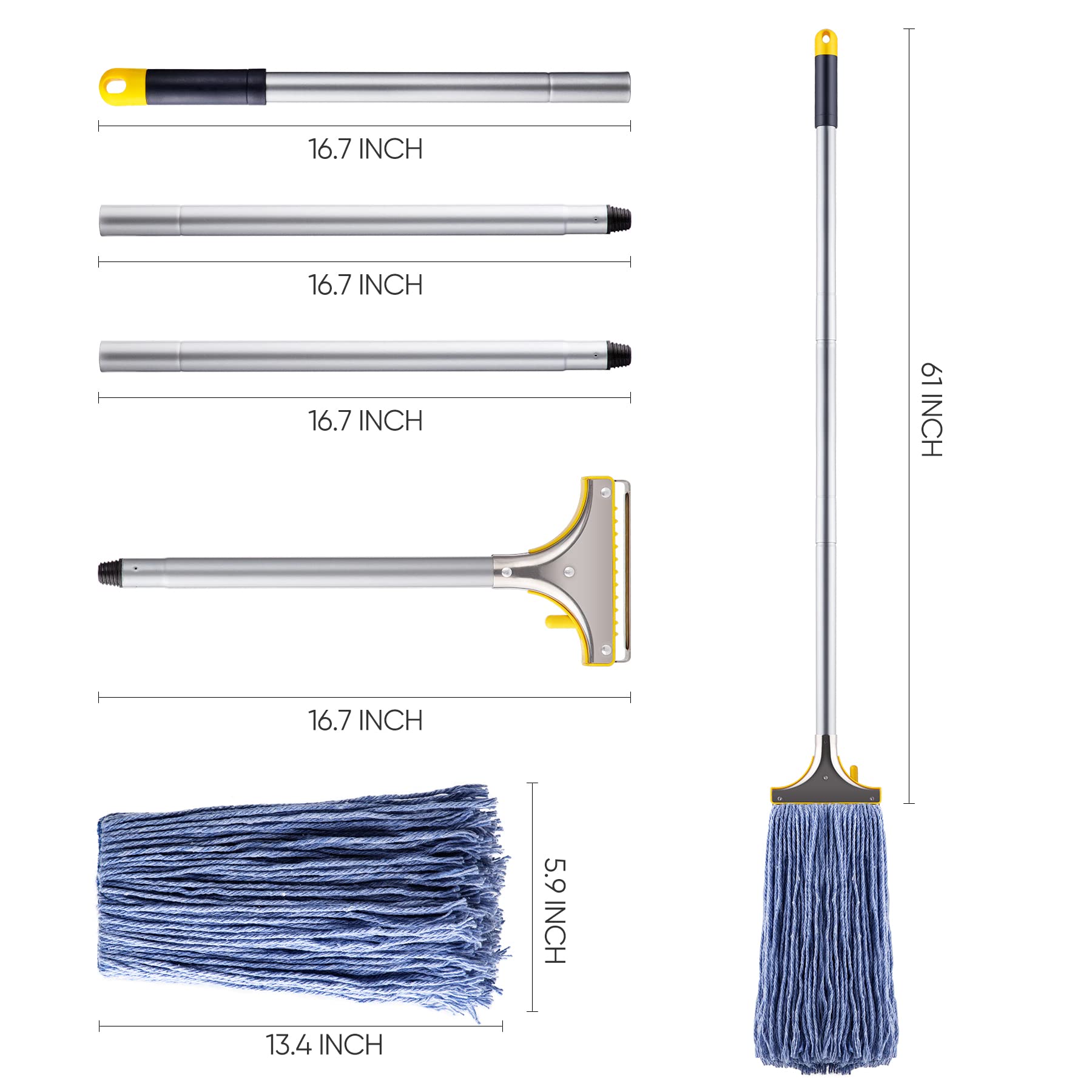 Yocada Looped-Open String Wet Mop Heavy Duty Cotton Mop Commercial Industrial Grade Iron Pole Floor Cleaning Hardwood Ceramic Marble Tile Laminate Home Kitchen 61in Long