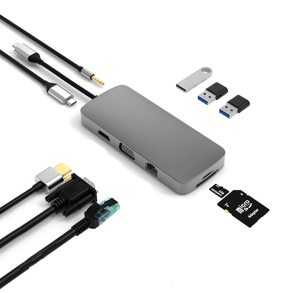 USB C Hub,USB-C Laptop Docking Station,10 in 1 Type C Adapter Compatible for MacBook and Windows(HDMI VGA PD3.0 SD TF Card Reader Gigabit Ethernet USB Ports)
