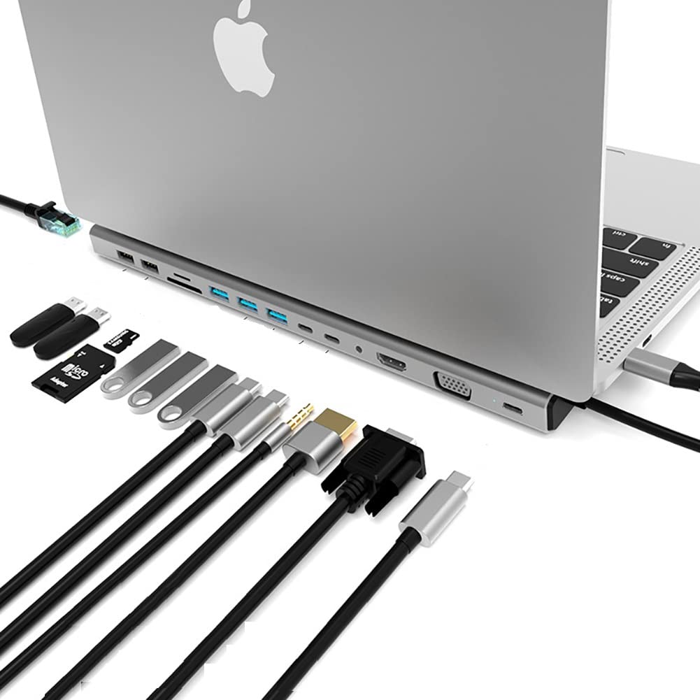 USB C Hub,USB-C Laptop Docking Station,14 in 1 Type C Adapter Compatible for MacBook and Windows(HDMI VGA PD3.0 SD TF Card Reader Gigabit Ethernet USB Ports)