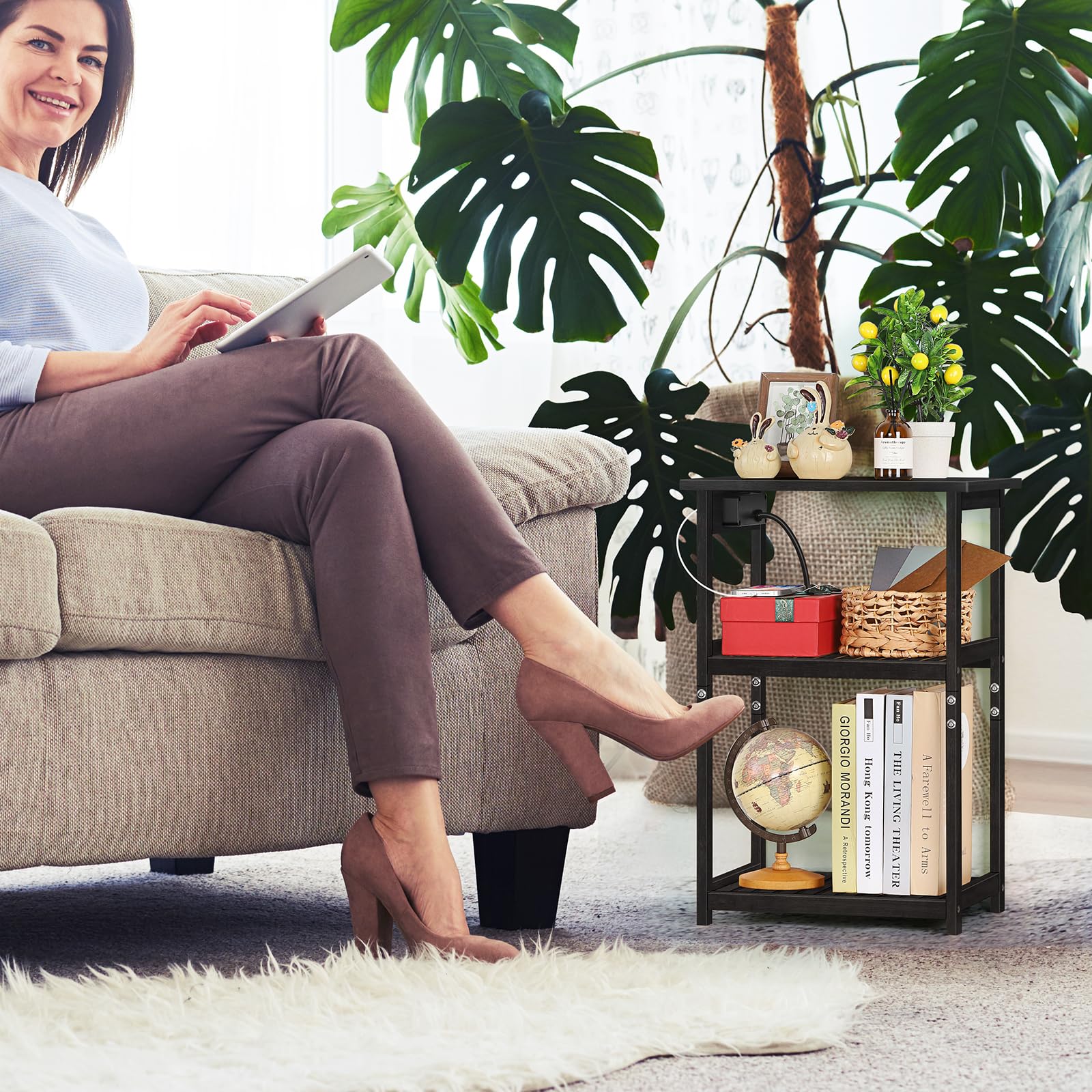 melos End Table with Charging Station, 3 Tier Bamboo Nightstands Set of 2, Bedside Table with USB Ports and Outlets, End Table Side Table for Bedroom, Living Room, Nursery, Rustic Farmhouse White