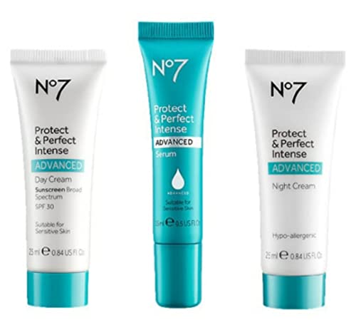 Protect and Perfect Intense Advanced Skin Care System - Serum (0.5 fl oz), Day Cream with SPF 30 (0.84 Night oz) Travel Size No 7 Skincare, teal