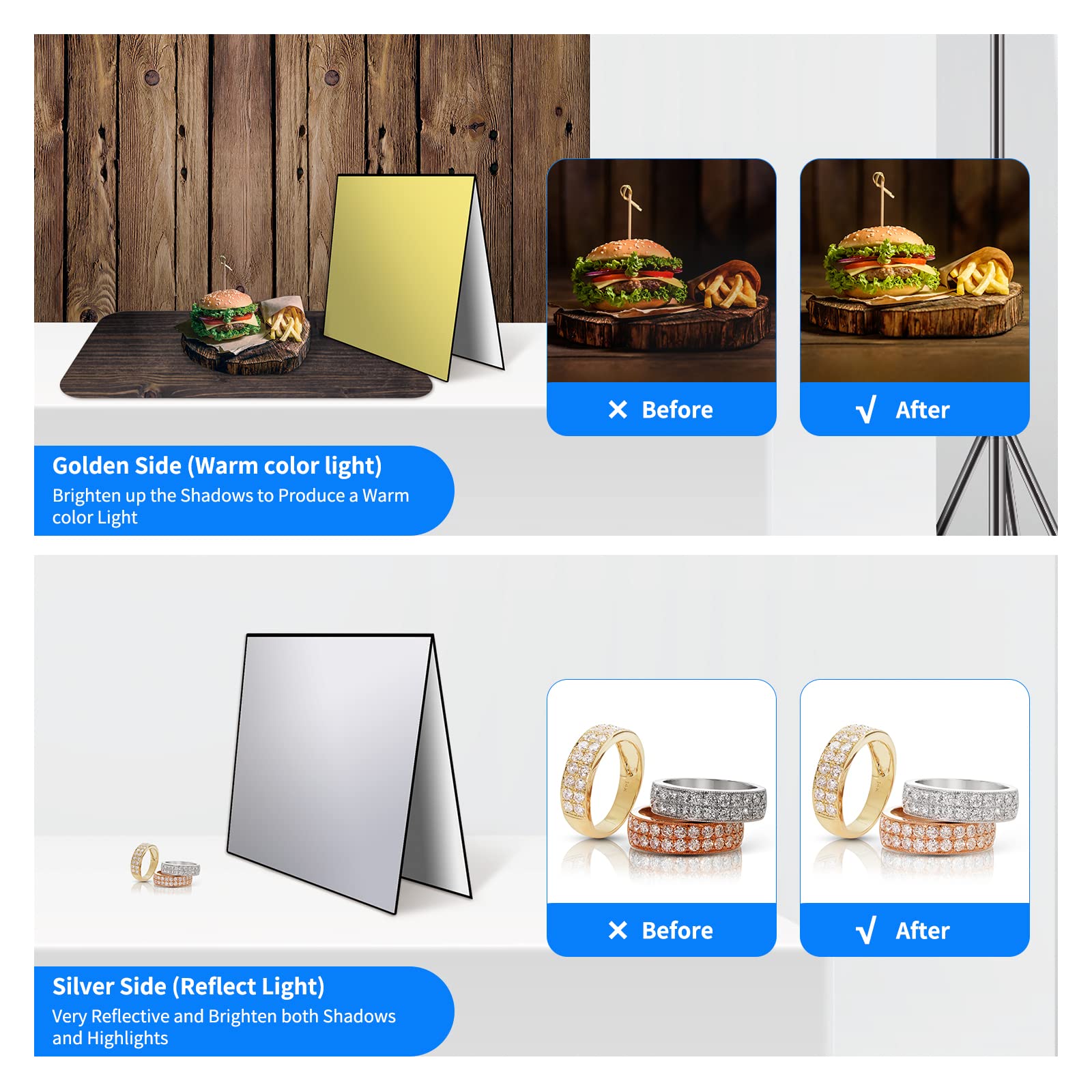 NEEWER Photography Light Reflector Cardboard, 2 Packs 4-in-1 A3 (17x12in/42x30cm) Size Studio Tabletop Folding Light Diffuser Board for Still Life, Product, Food Photography, Silver/Gold/White/Black