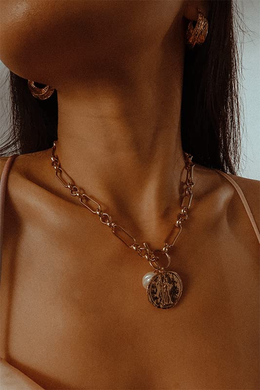 Vintage Stylish Gold Plated Chunky Chain Coin Freshwater Pearl Pendent Toggle Necklace Statement Piece for Women