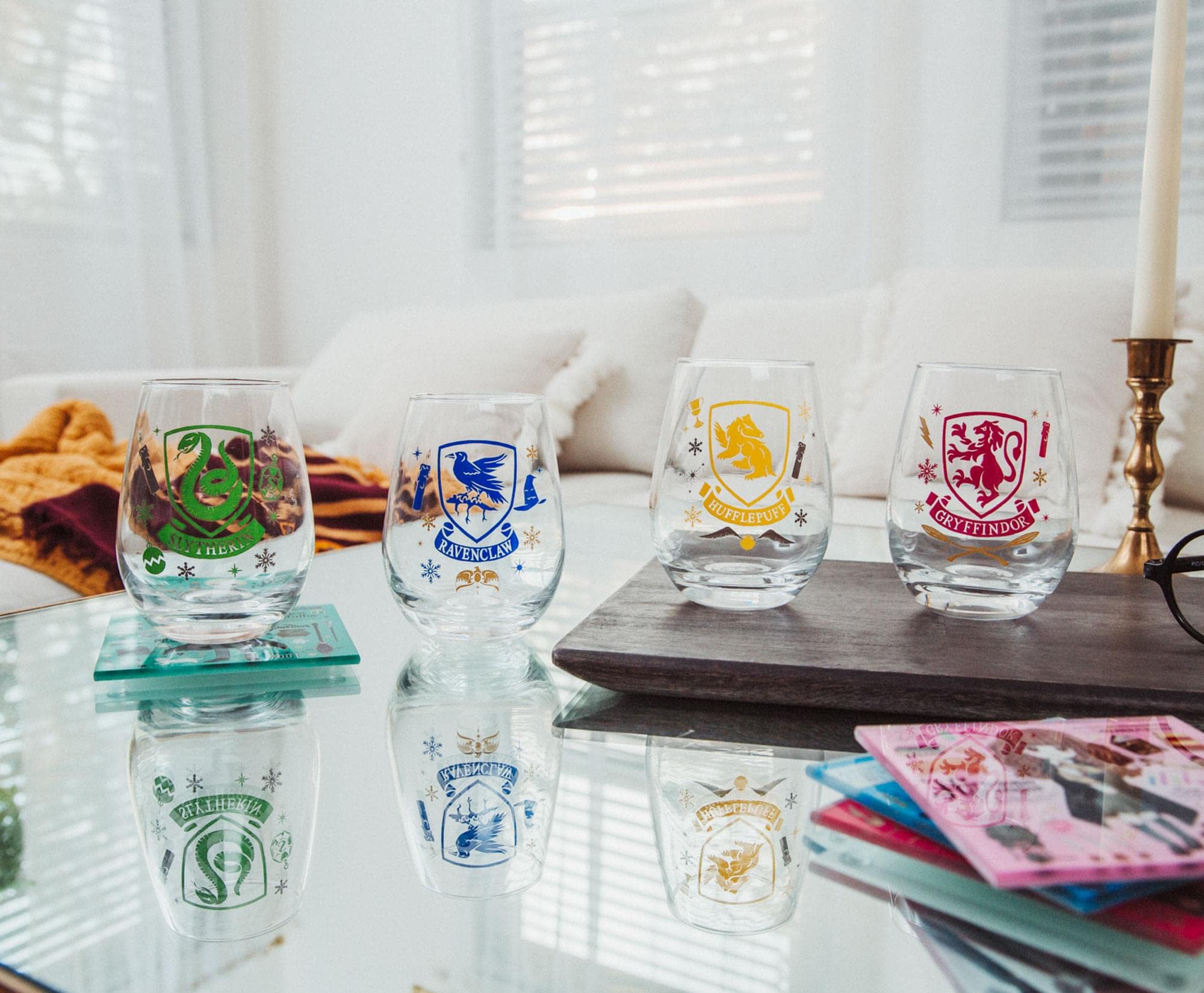 Silver Buffalo Harry Potter Hogwarts House Colors 12-Ounce Stemless Wine Glasses, Set of 4 | Holds 20 Ounces