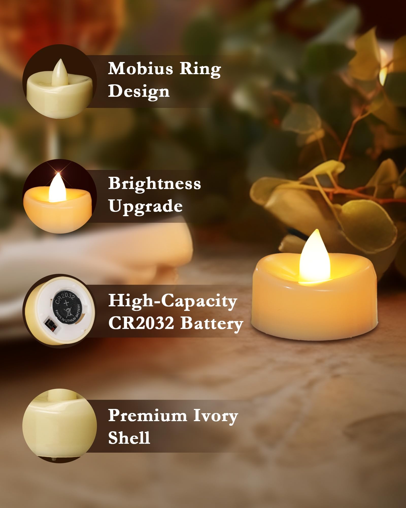 YOJACIKI Flameless Candles, 24 Pack LED Tea Lights Candles Battery Operated, Last 200+ Hrs Flickering Tea Lights, Flameless Tealight Candles for Halloween Diwali Fall Christmas Wedding D 1.5βx H 1.25β