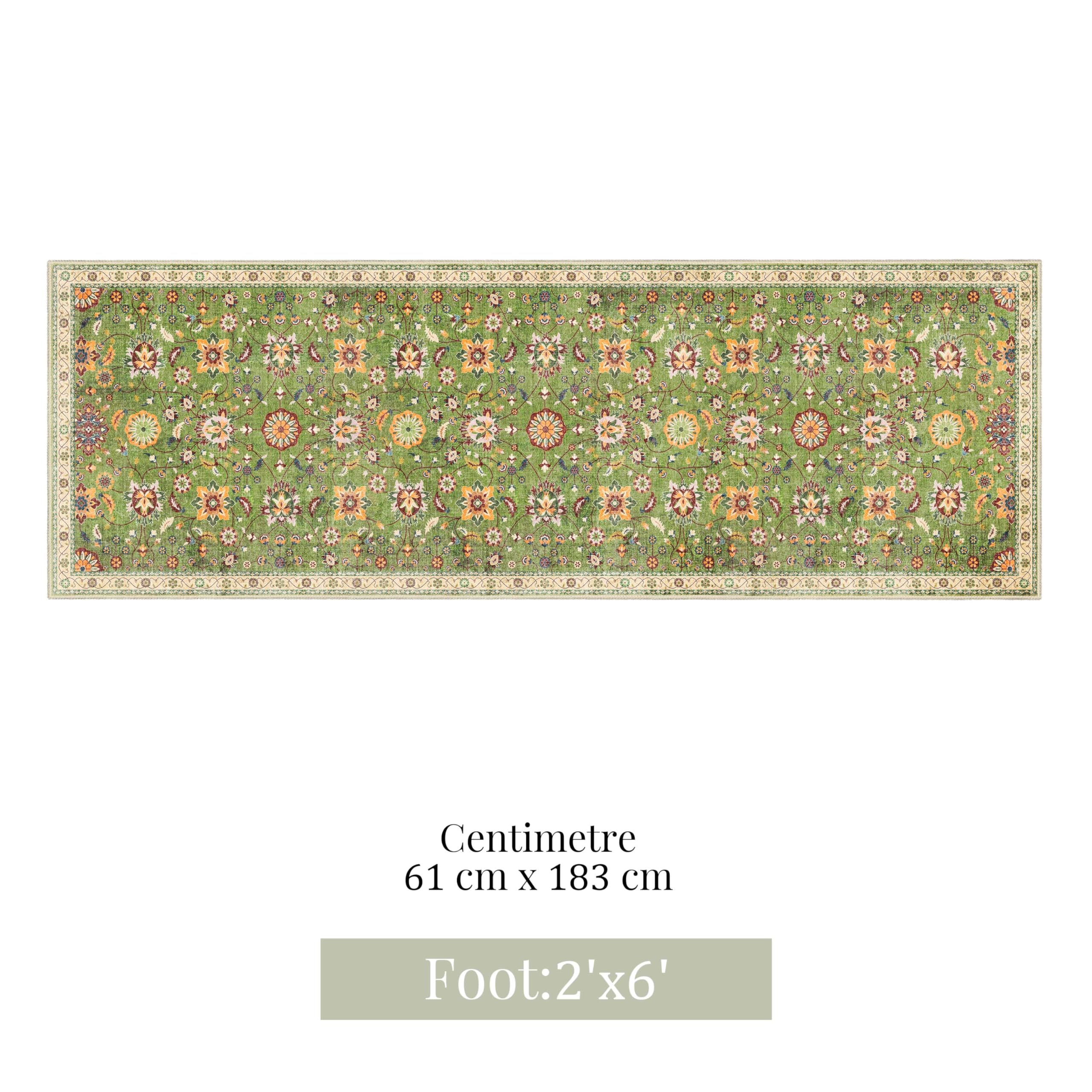 YesRug 2x6 Green Runner Rug, Boho Long Rugs for Hallway Entryway Laundry Room Bathroom Bedroom Kitchen Rugs Non Slip Washable, Vintage Area Rug Soft Low Pile Distressed Floor Carpet