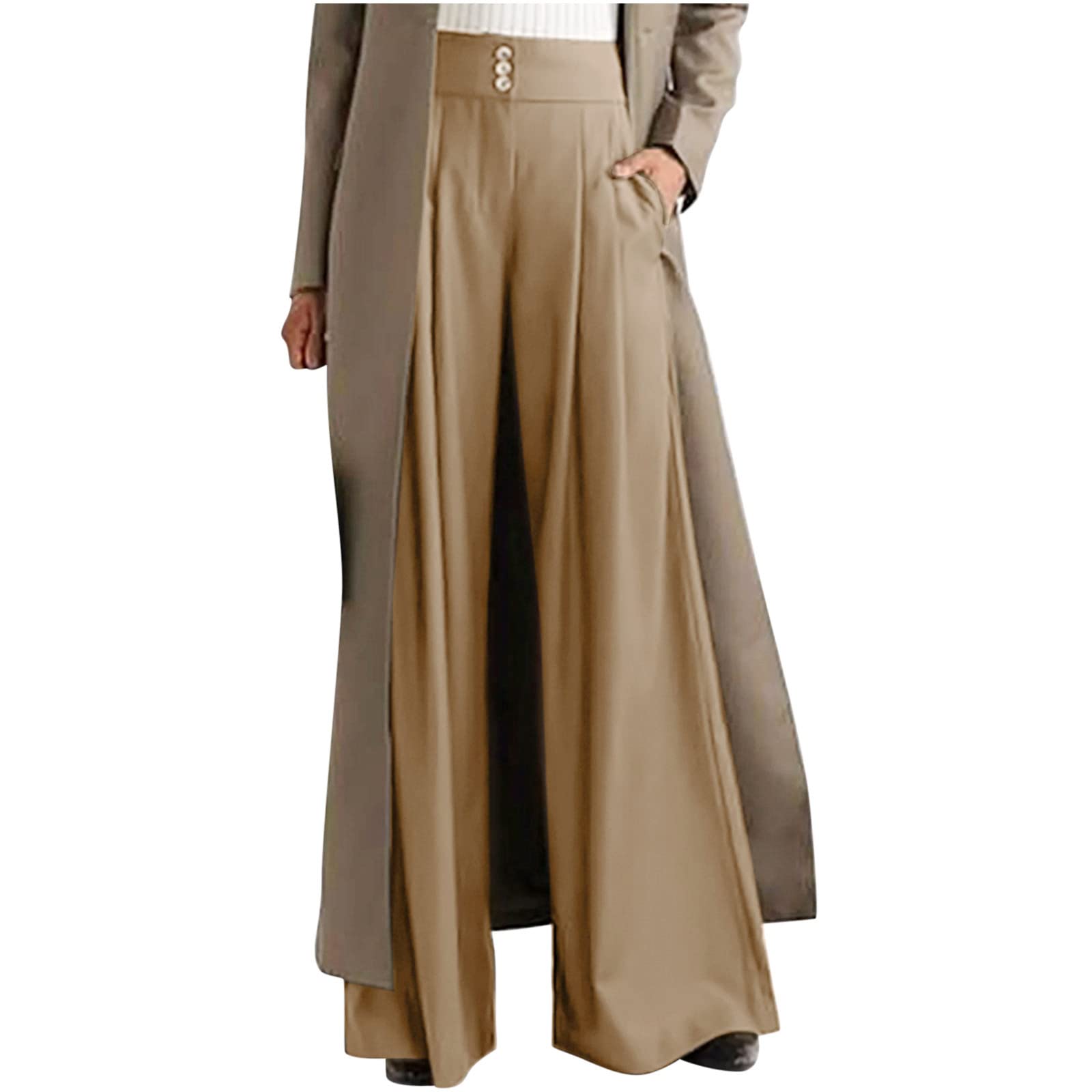 tuduoms Slacks for Women's Work Casual High Waisted Pleated Pants Plus Size Stretch Dress Pants Straight Long Palazzo Pants Khaki