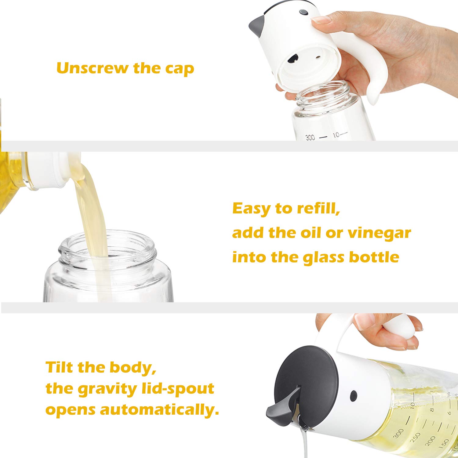 Vucchini Olive Oil Dispenser Bottle for Kitchen Cooking - Auto Flip Vinegar Dispenser Container- Leakproof Glass Cruet with Non-Drip Spout Dispenser (white and yellow)