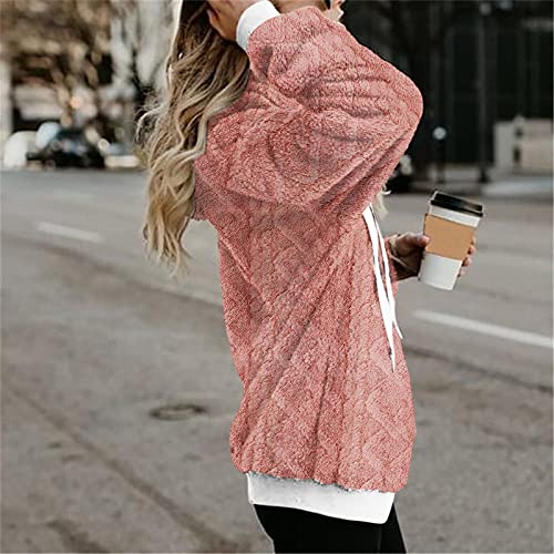 Women Sweatshirt Pocket Drawstring Long-Sleeves Zipper Hoodie Printed Top Open Cardigan Long Pink