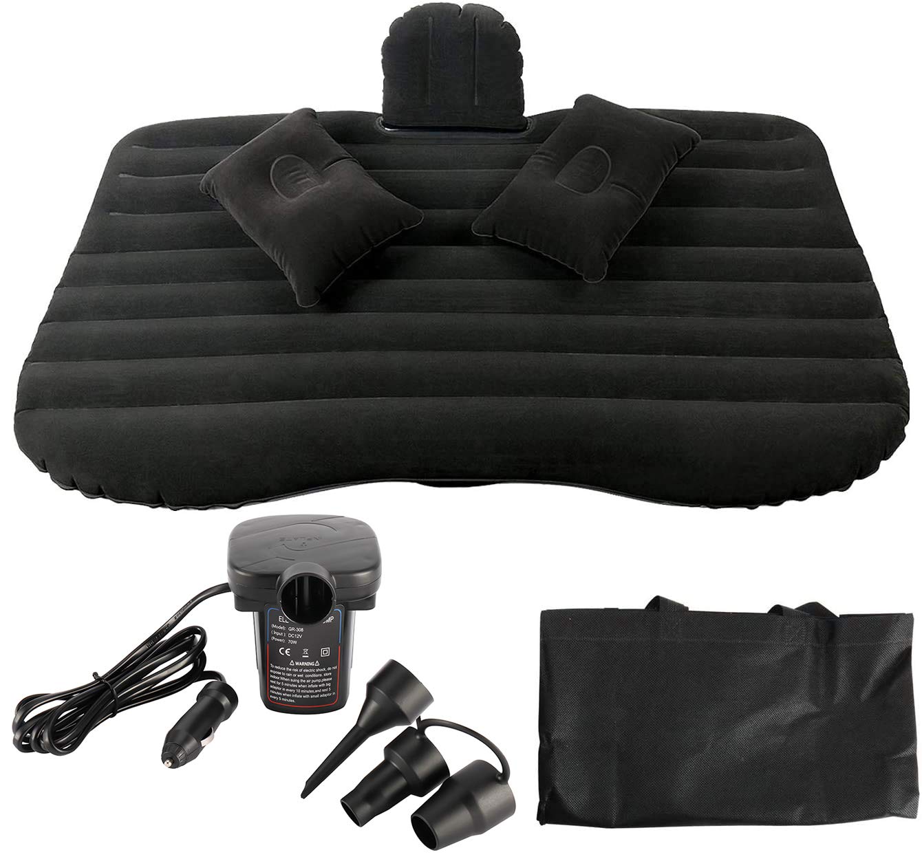 NovelBee Back Flocking Surface Car Travel Inflatable Mattress Air Bed Camping with 2 Air Pillows,Inflatable Pump and Handbag (Black)