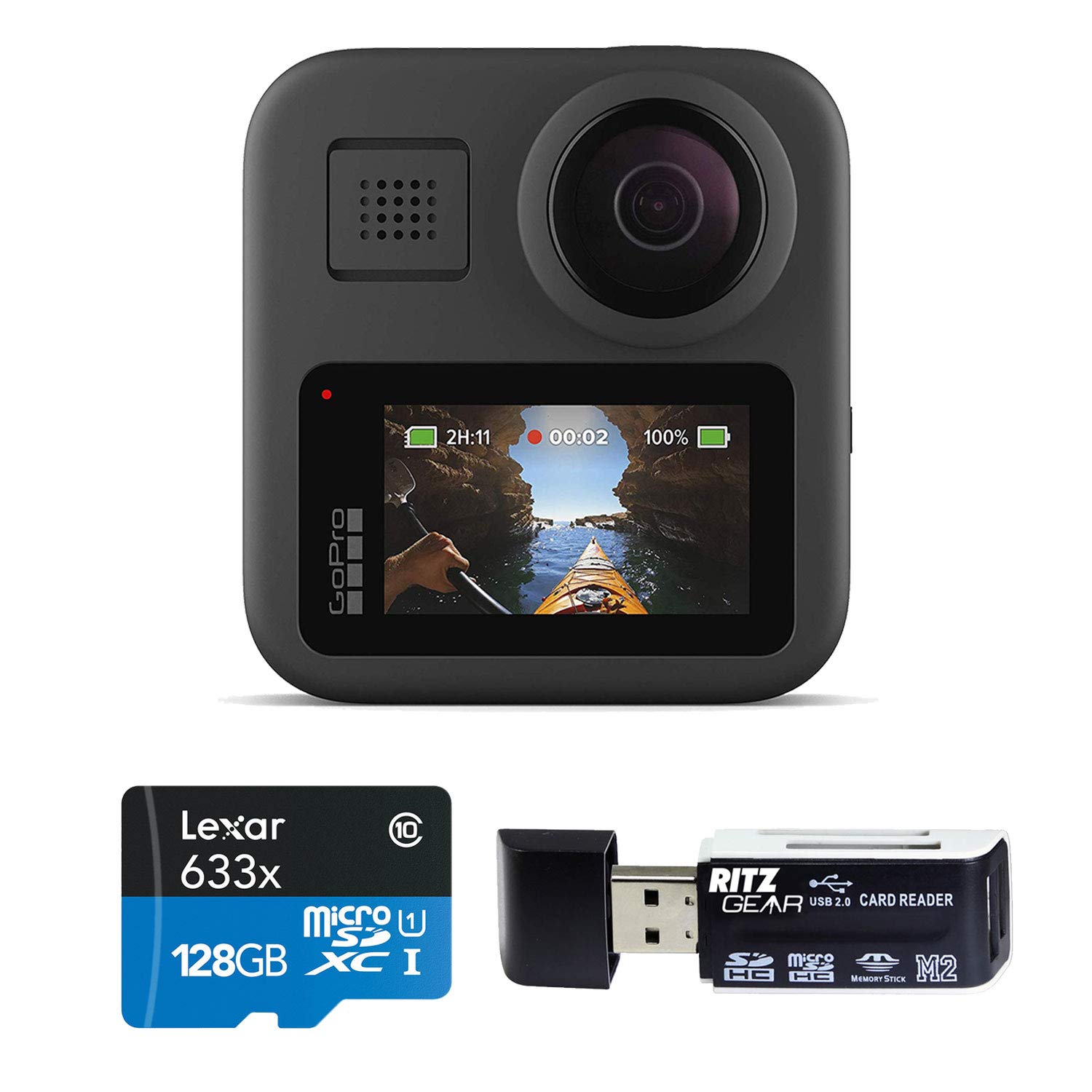 Ritz Gear GoPro MAX — Waterproof 360 + Traditional Camera with Touch Screen Spherical 5.6K30 HD Video 16.6MP 360 Photos 1080p Live Streaming Stabilization with Lexar 128GB Memory Card Reader