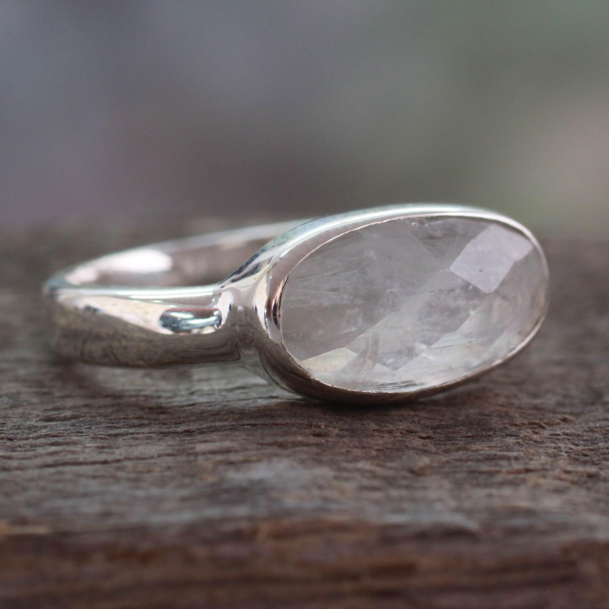 NOVICA Artisan Handmade Rainbow Moonstone Cocktail Ring Sterling Silver Clear Single India Modern [crownbezel 0.5 in L x 0.3 in W Band Width 3 mm W] ' Rainbow Mist'