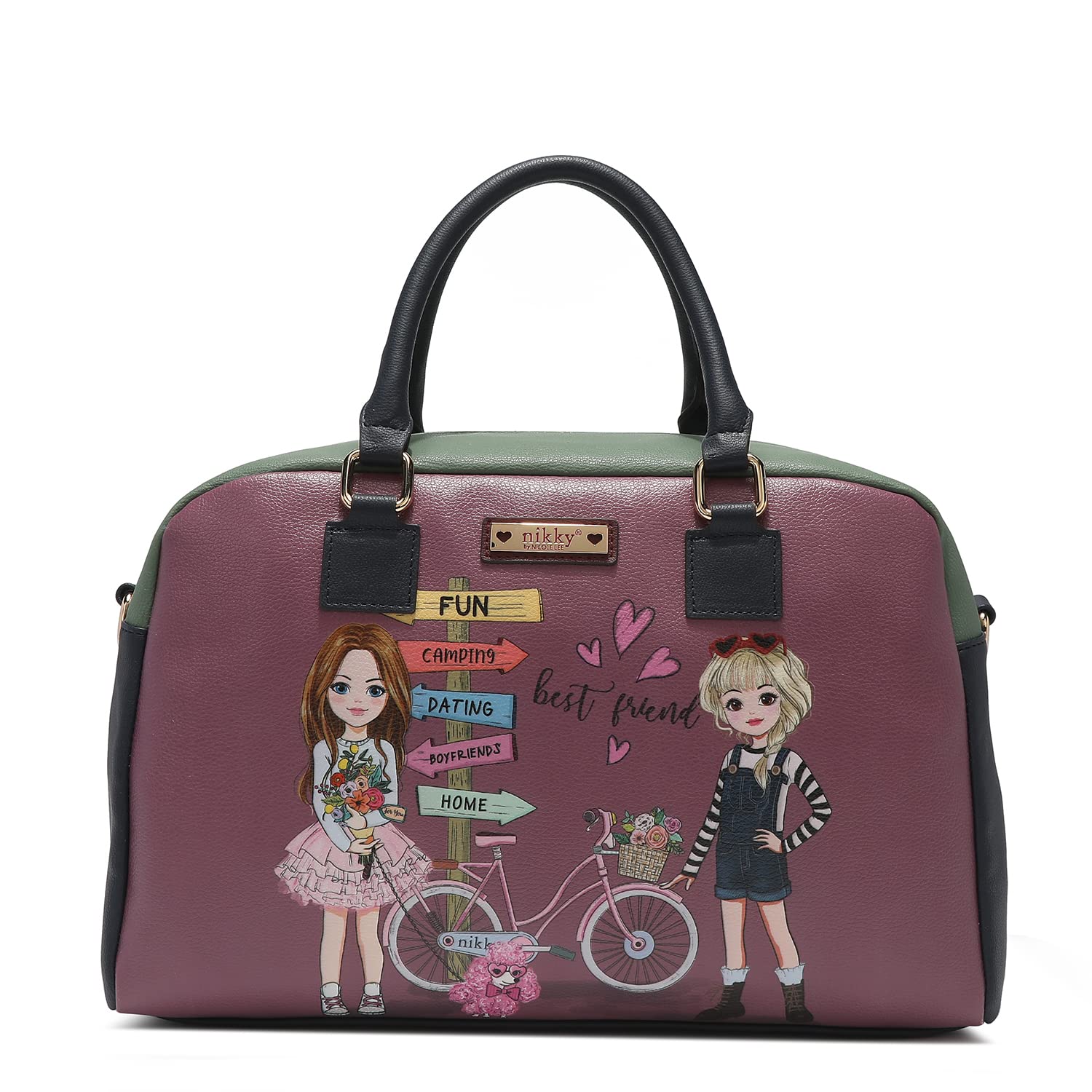Nicole Lee Nikky Twins Boston Bag, Medium Vegan Leather Handbag with BFF Fashion Print