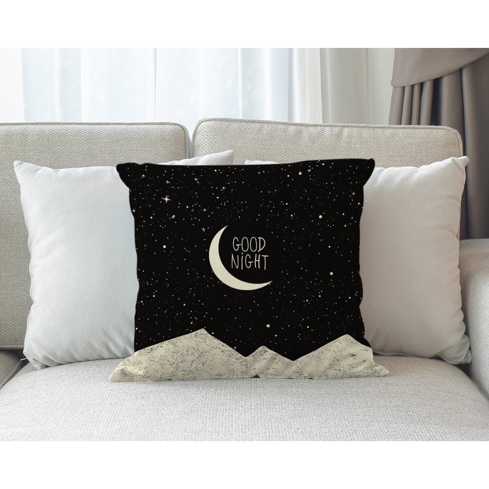 Moslion Moon Pillows Decorative Throw Pillow Cover Case Night Sky Moon Stars Mountain Good Night Quote Cotton Linen Pillow Case 18 x 18 Inch Square Cushion Cover for Sofa Bedroom Black White