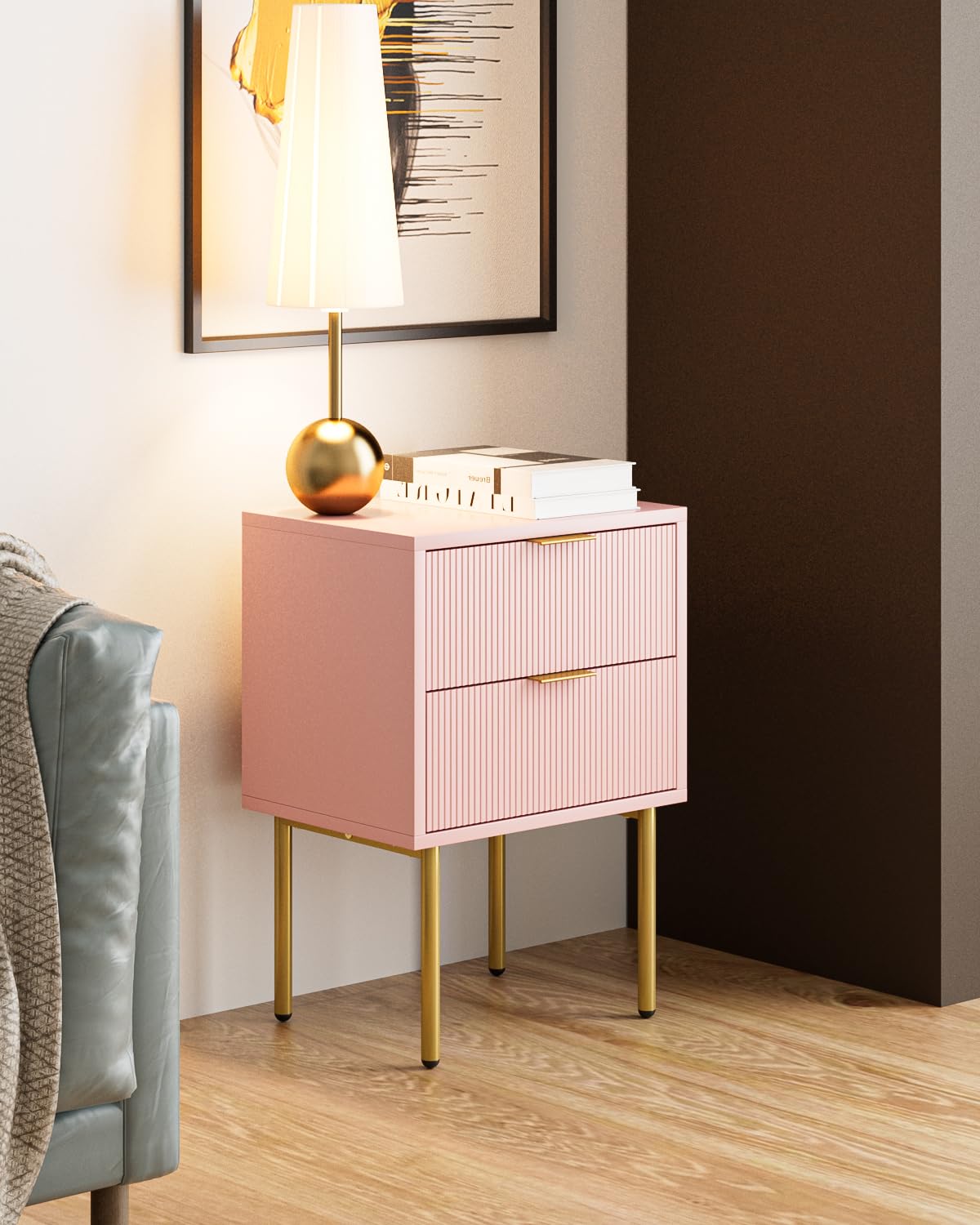 Masupu Night Stand,Mid-Century Modern Bedside Table with Storage Drawer and Open Wood Shelf,Small Gold Frame Side Table for Bedroom,Living Room, Pink