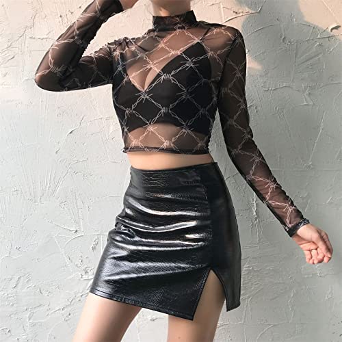 Tulle Long Skirts for Women Wedding Faux Slit Textured Women's Slim Leather Skirt Solid Fit Hip Plaid Jean Black