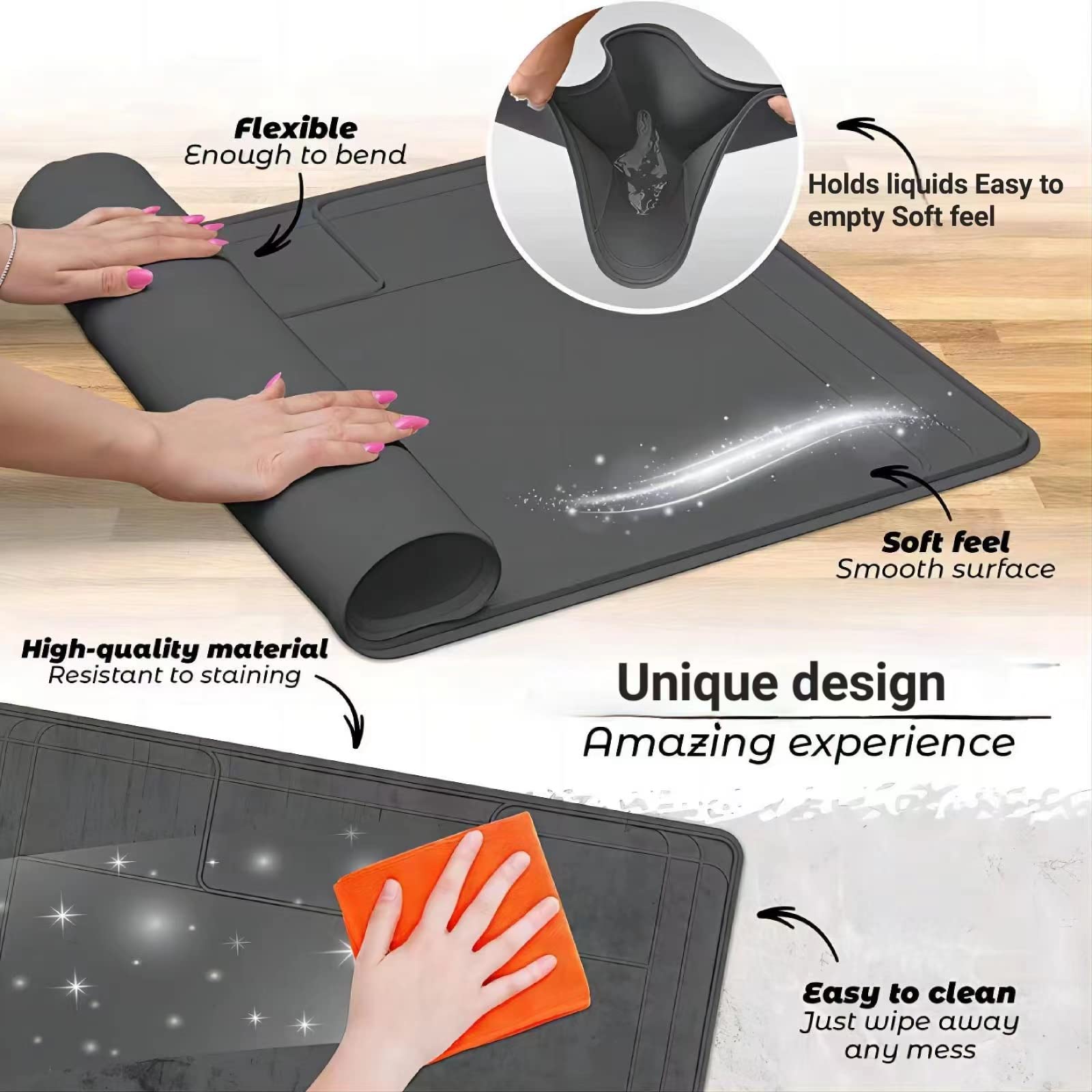 Under Sink Mat, Trimmable Silicone Waterproof Liner With Lip For Kitchen Multipurpose Cabinet Counter Protector Cover Tray Mats For Pipes Drip Easy To Clean 34" X 22" Or Cut To Fit Smaller Gray