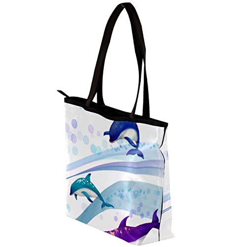 Women's Large Size Canvas Shoulder Bag Hobo Crossbody Handbag Casual Tote, Watercolor Dolphin Animal