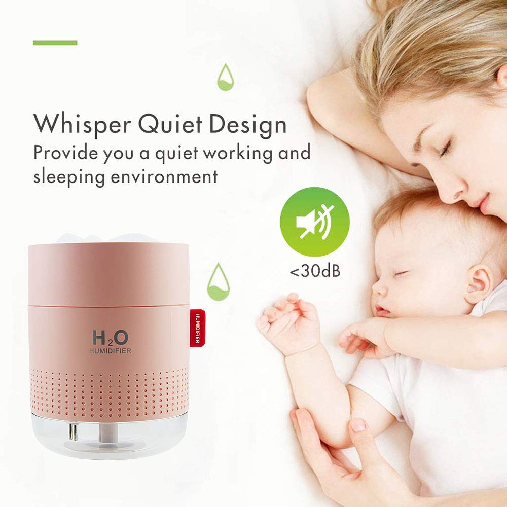 Portable Mini Humidifier, 500ml Small Cool Mist Humidifier with Night Light,USB Personal Desktop Humidifiers for Baby Bedroom Travel Office,2 Spray Modes, Ultra-Quiet , Auto Shut-Off, 3 Filters