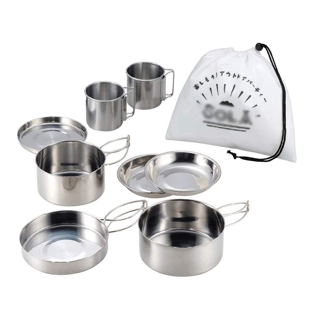 YFDM 8pcs Outdoor Pan Set Stainless Steel Stacking Pots Hiking Pot Camping Cookware Non-Stick Picnic Cooking Bowl Pot Kit