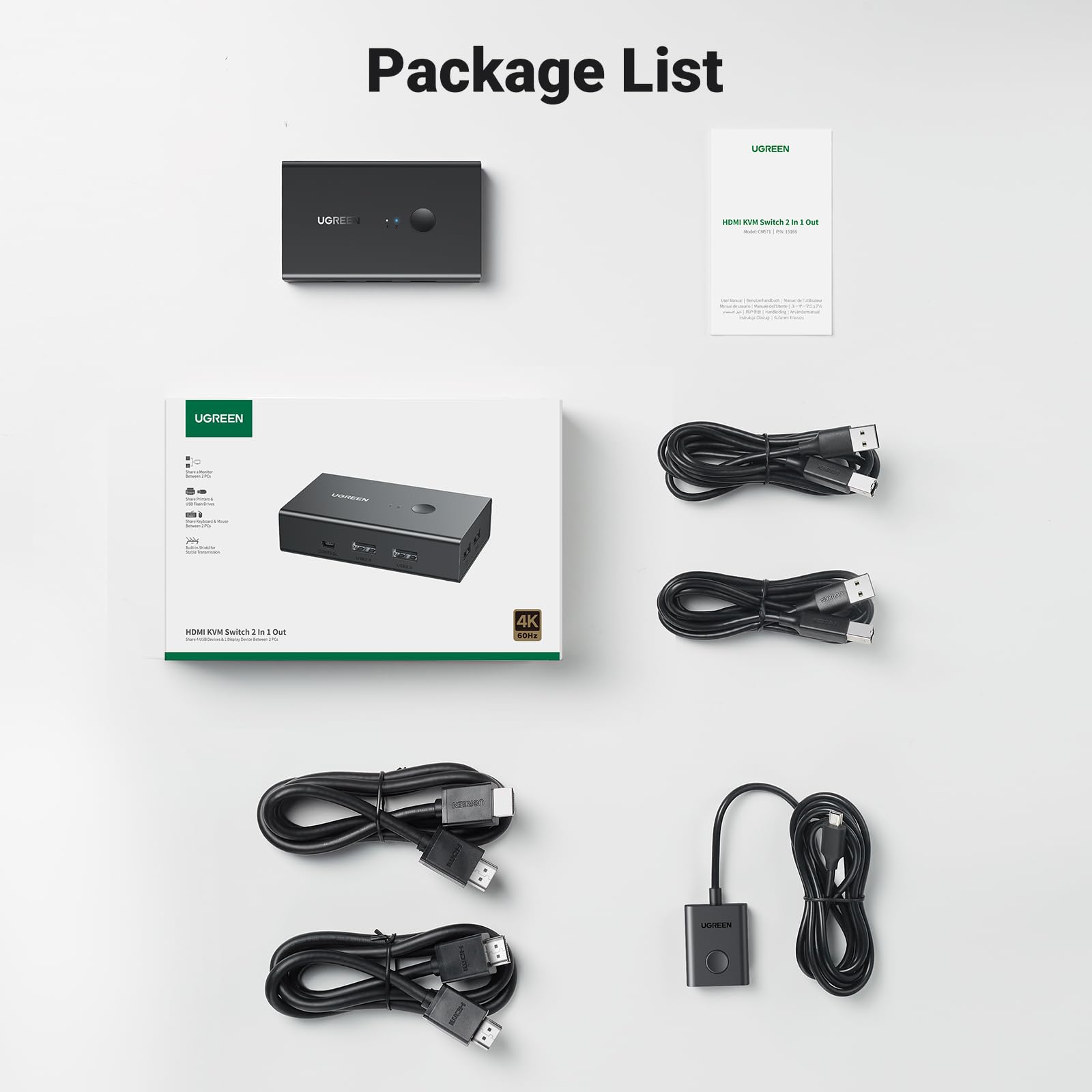 UGREEN KVM Switch, Share 4 USB Ports, USB and HDMI Switch for 2 Computers for Keyboard Mouse Printer to One Monitor Support 4K@60Hz, 3D, HDR, Include Desktop Controller, 2 USB Cables and 2 HDMI Cables