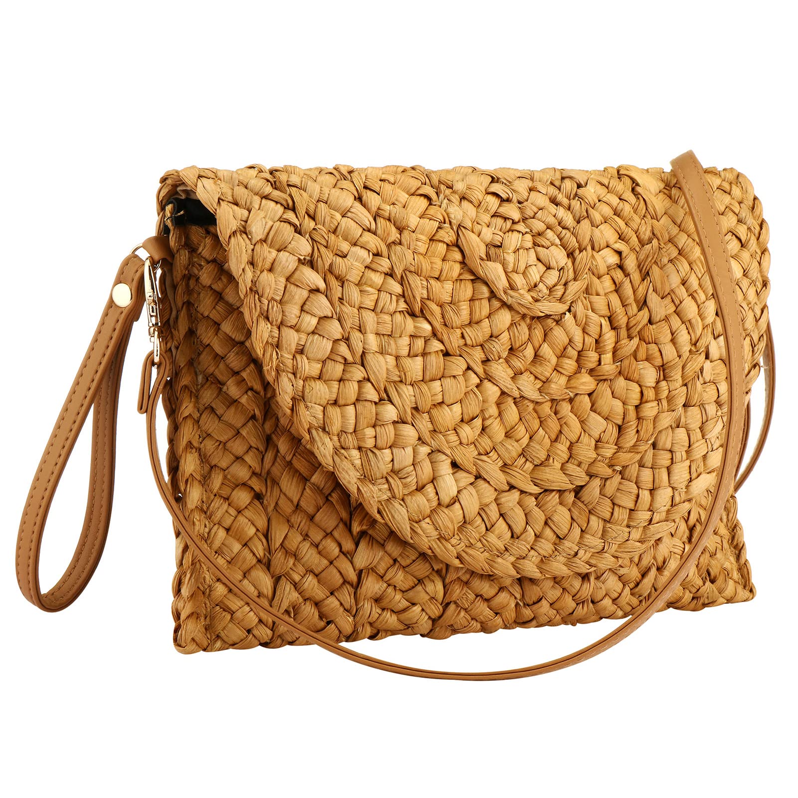Straw Clutches Beach Bag for Women Summer Crossbody Straw Bag with Bag Strap (Coffee color)