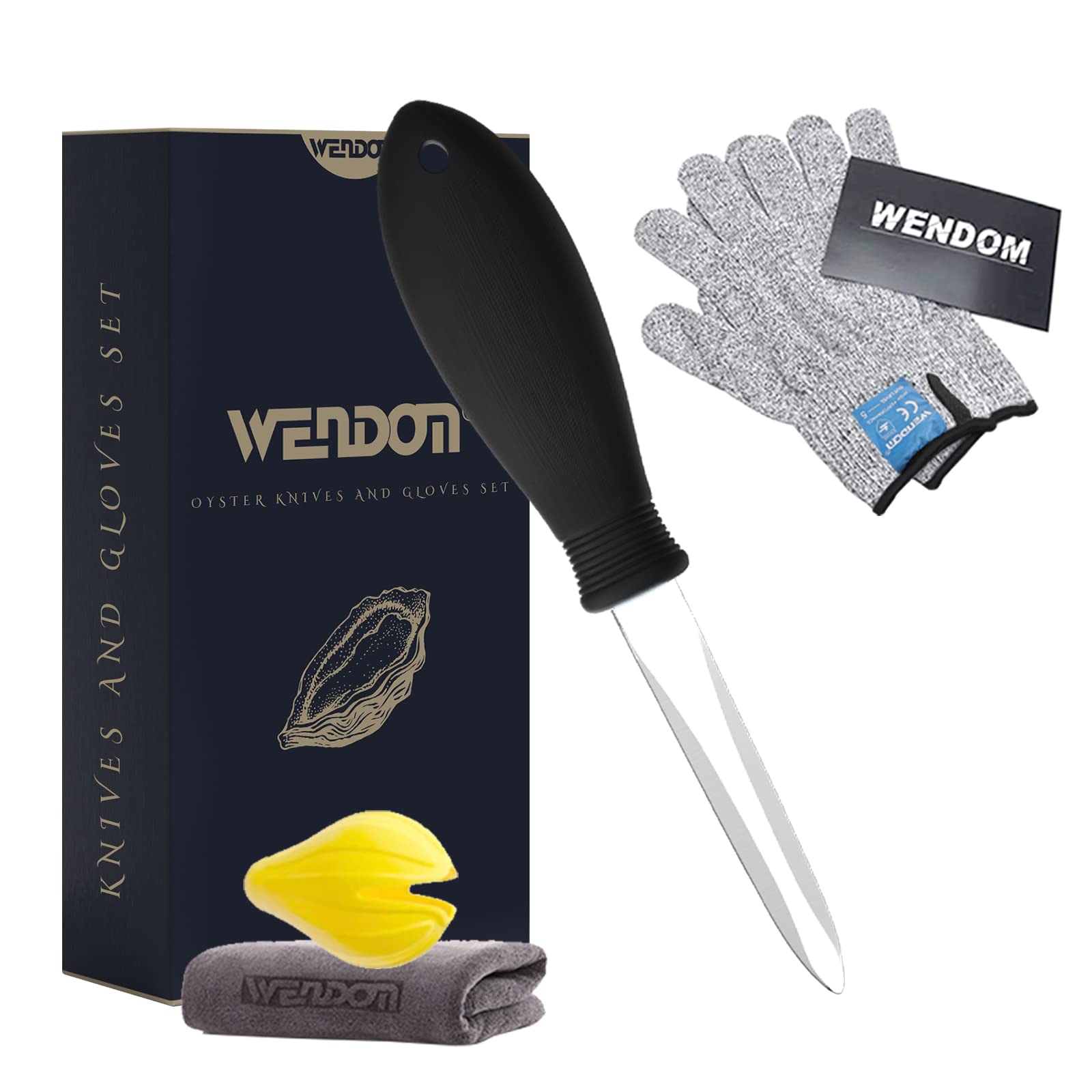 WENDOM Oyster Shucking Knife with Cut Resistant Gloves White Non-slip Easy to Grip Handle 3.5'' Oyster Shucker Kitchen Tools(1cloth+1lemon squeezer) (black1, large)