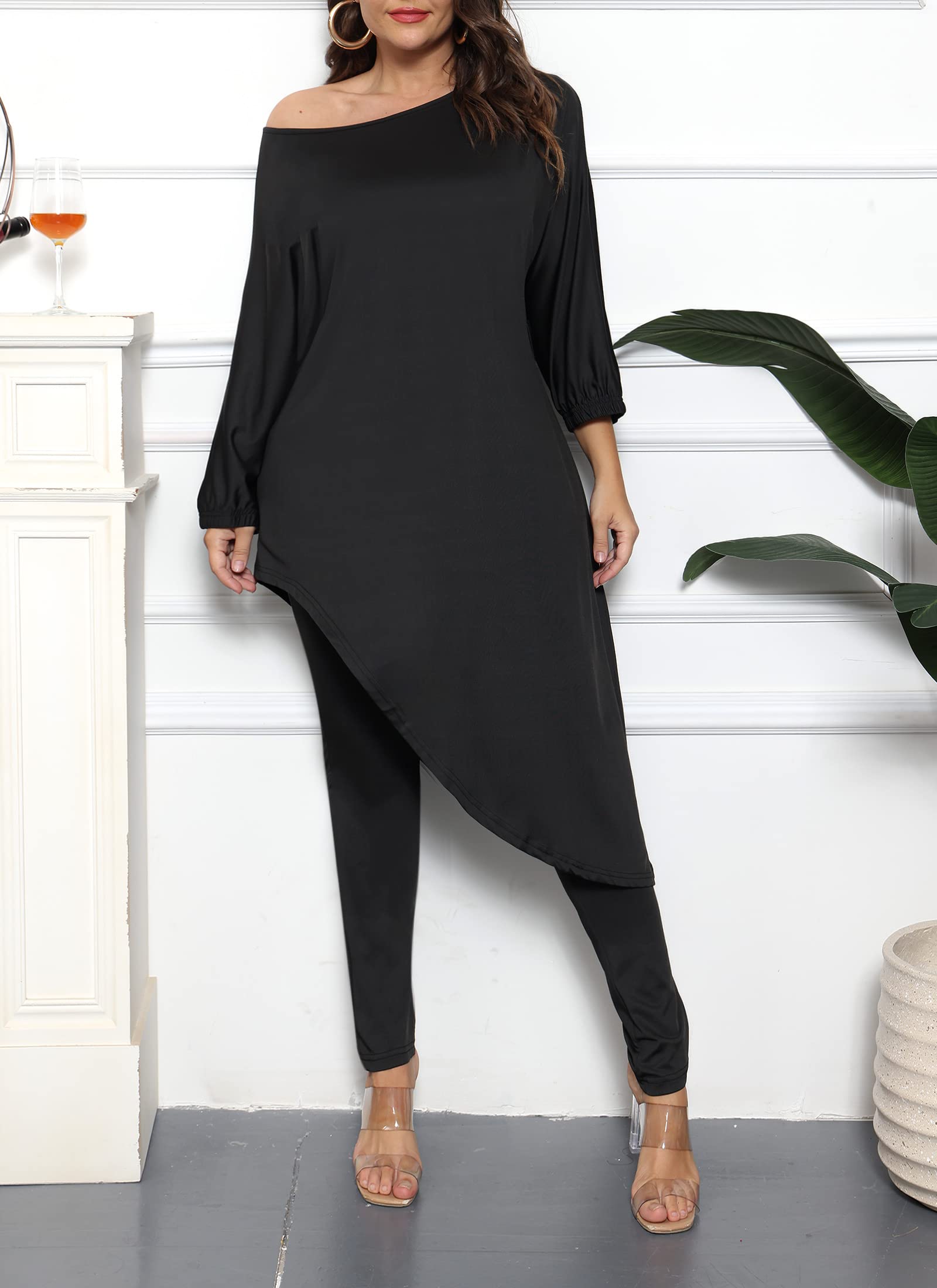 Volemo Plus Size Outfits for Women Tracksuits One Shoulder Asymmetrical Hem Top Skinny Pants 2 Piece Loungewear Black S