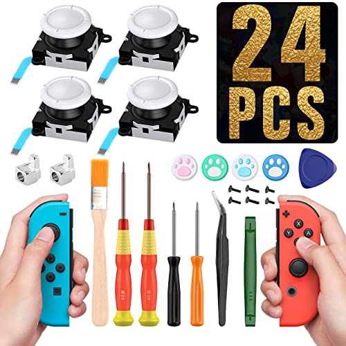 TiMOVO 4 Pack White Joycon Joystick Replacement, 3D Analog Thumb Sticks for Nintendo Switch OLED 2021/ Switch/Switch Lite Joycon, 24 in 1 Repair Tool Kit with Thumb Grip Caps, Pry Tool, Screwdrivers