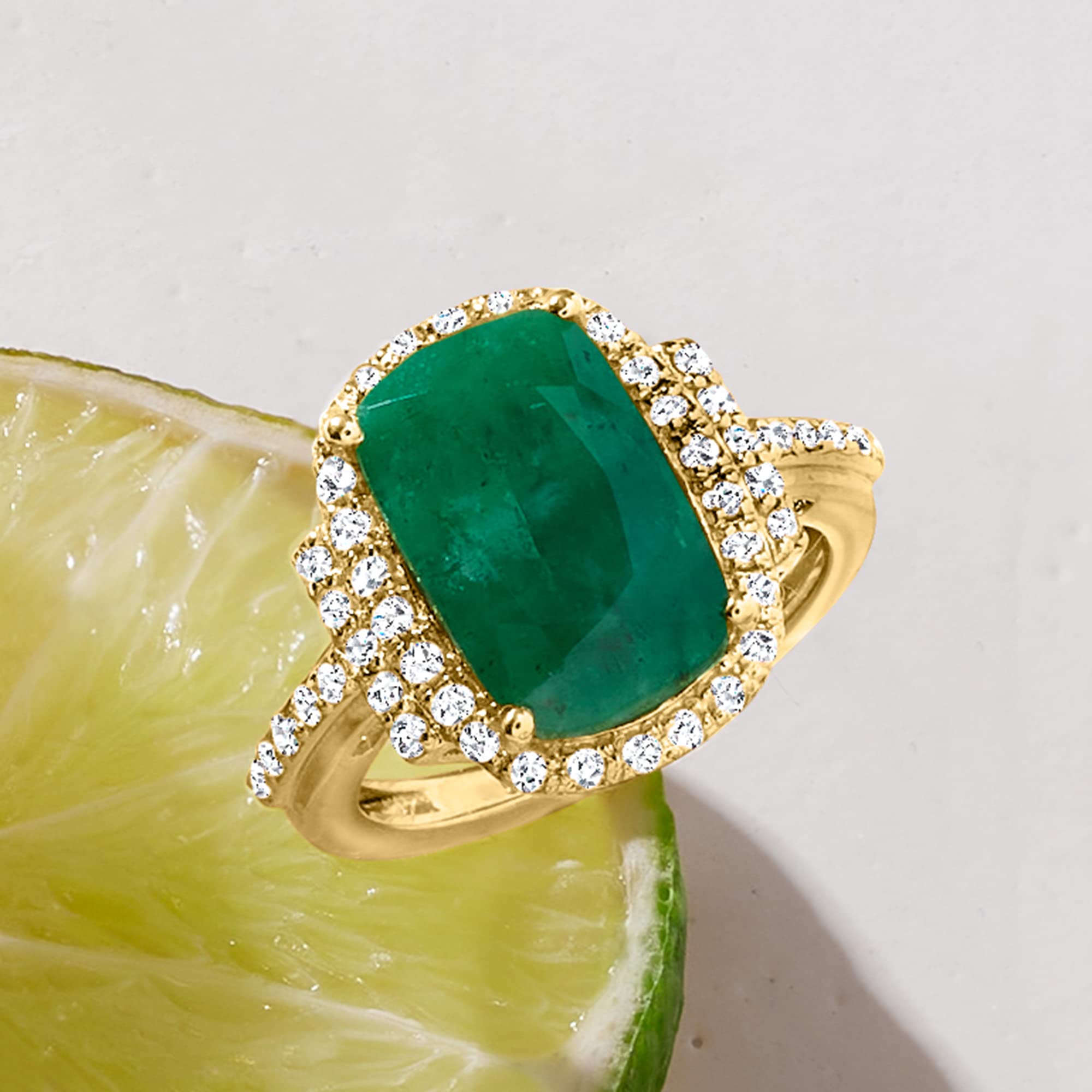 Ross-Simons 7.50 Carat Emerald Ring With .69 ct. t.w. Diamonds in 18kt Gold Over Sterling. Size 8