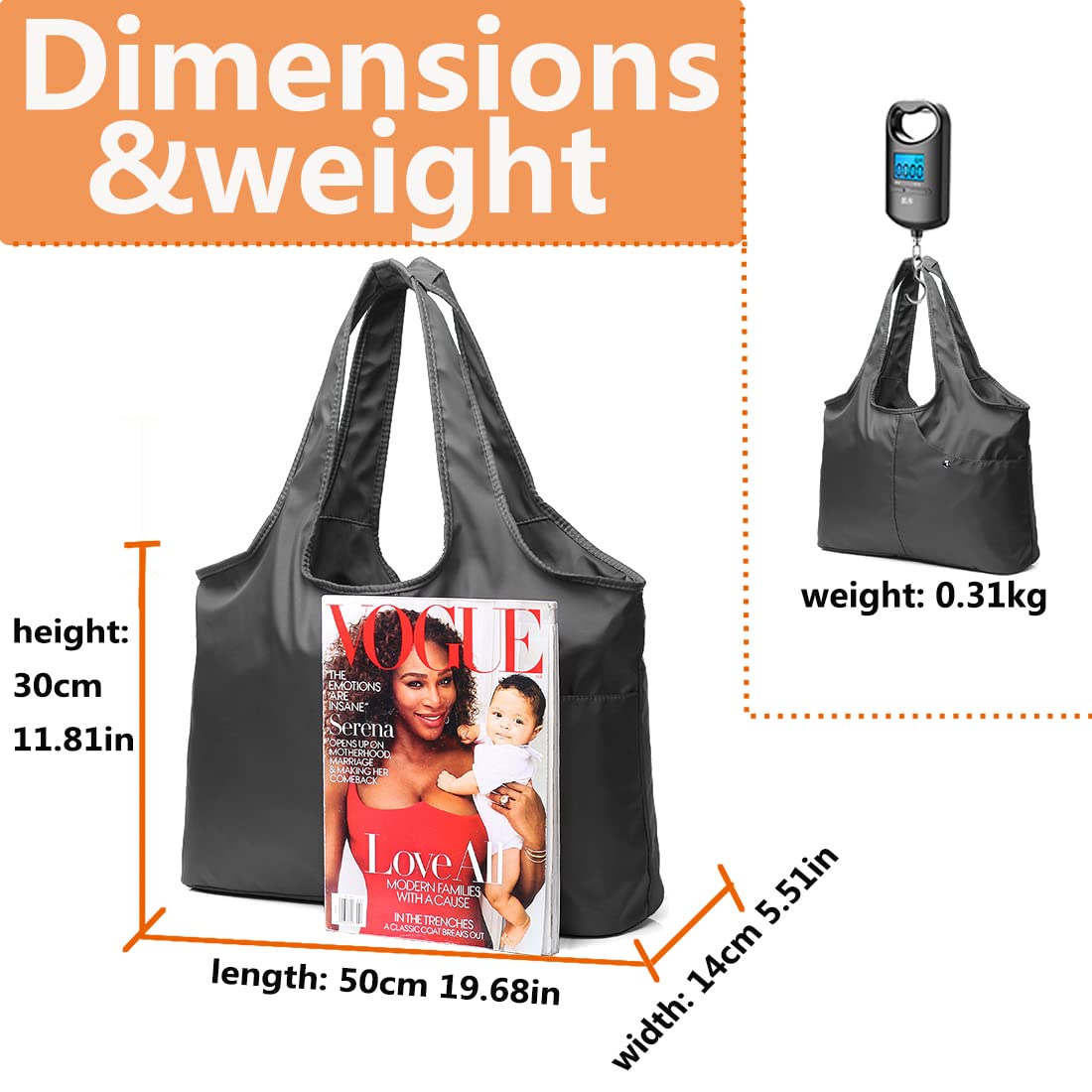 VOLGANIK ROCK Women Fashion Large Tote Shoulder Handbag Waterproof Tote Bag Multi-function Nylon Travel Shoulder (8045-Grey)