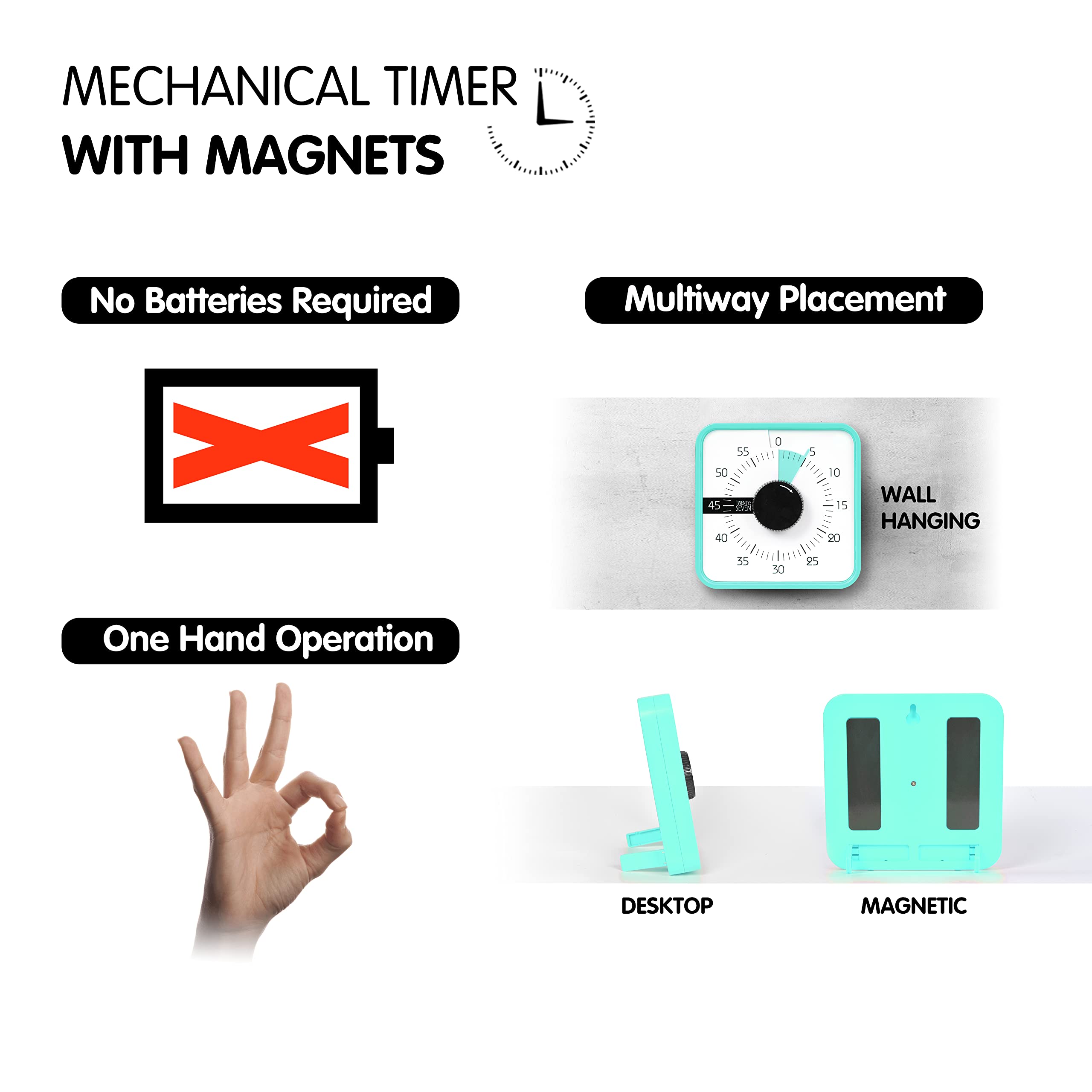 TWENTY5 SEVEN Countdown Timer 7.5 inch; 60 Minute 1 Hour Visual Timer β Classroom Teaching Tool Office Meeting, Mechanical Countdown Clock for Kids Exam Time Management Magnetic, Mint Green