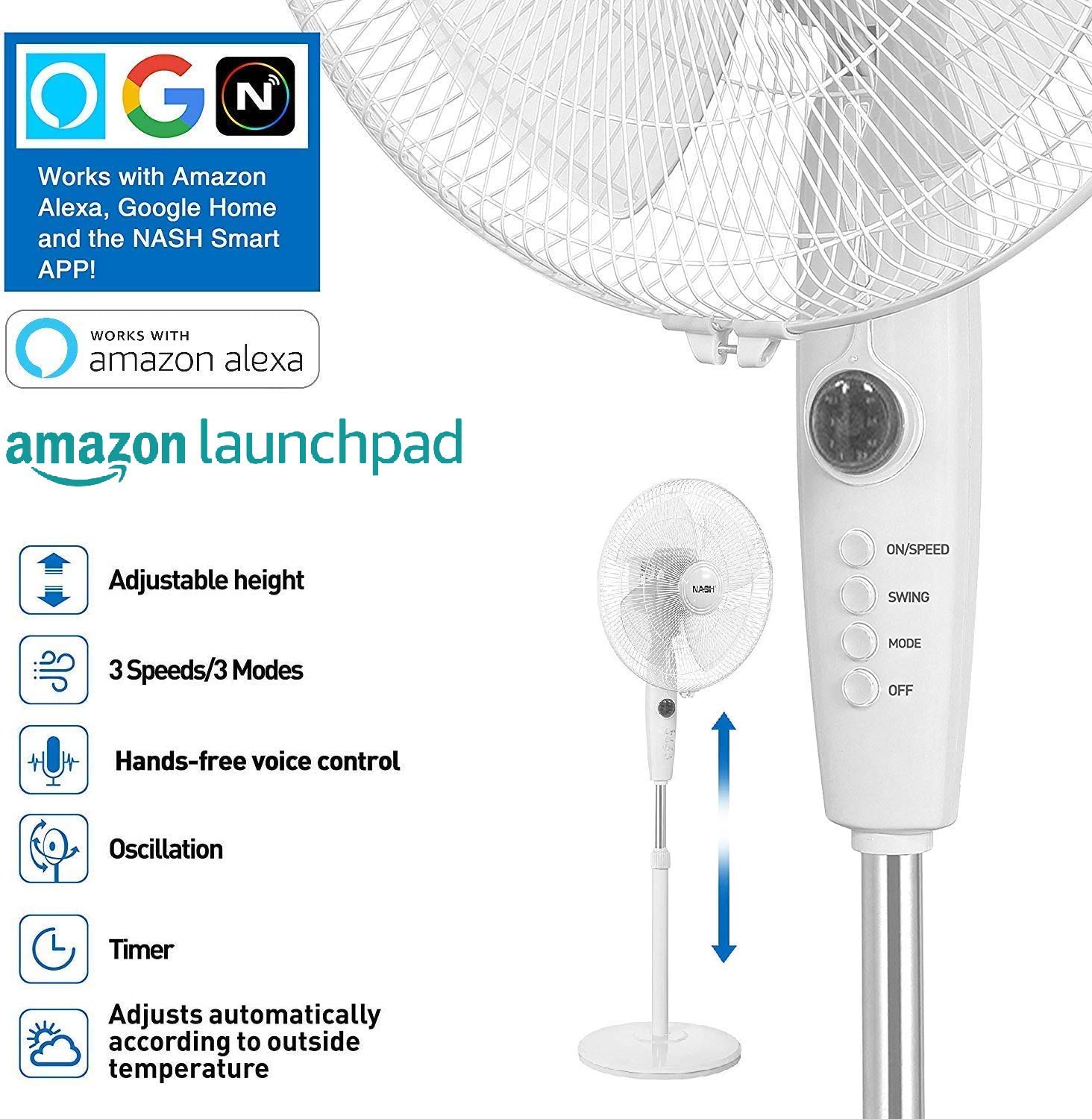 NASH Alexa, Google Home, Siri, WiFi Smart Oscillating Pedestal Fan w/Voice & App Control | 16” Quiet Stand Up Fan, Adjustable Height, WiFi App Programmable for 3 Speeds, 3 Modes, Timer PF-1 CoolSmart