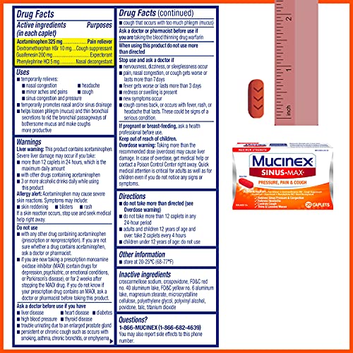 Mucinex Maximum Strength Sinus-Max Pressure, Pain & Cough Caplets, 20 ct, Relieves Minor Aches and Pains, Headache, Chest Congestion, Nasal Congestion, Sinus Pressure, and Controls Cough