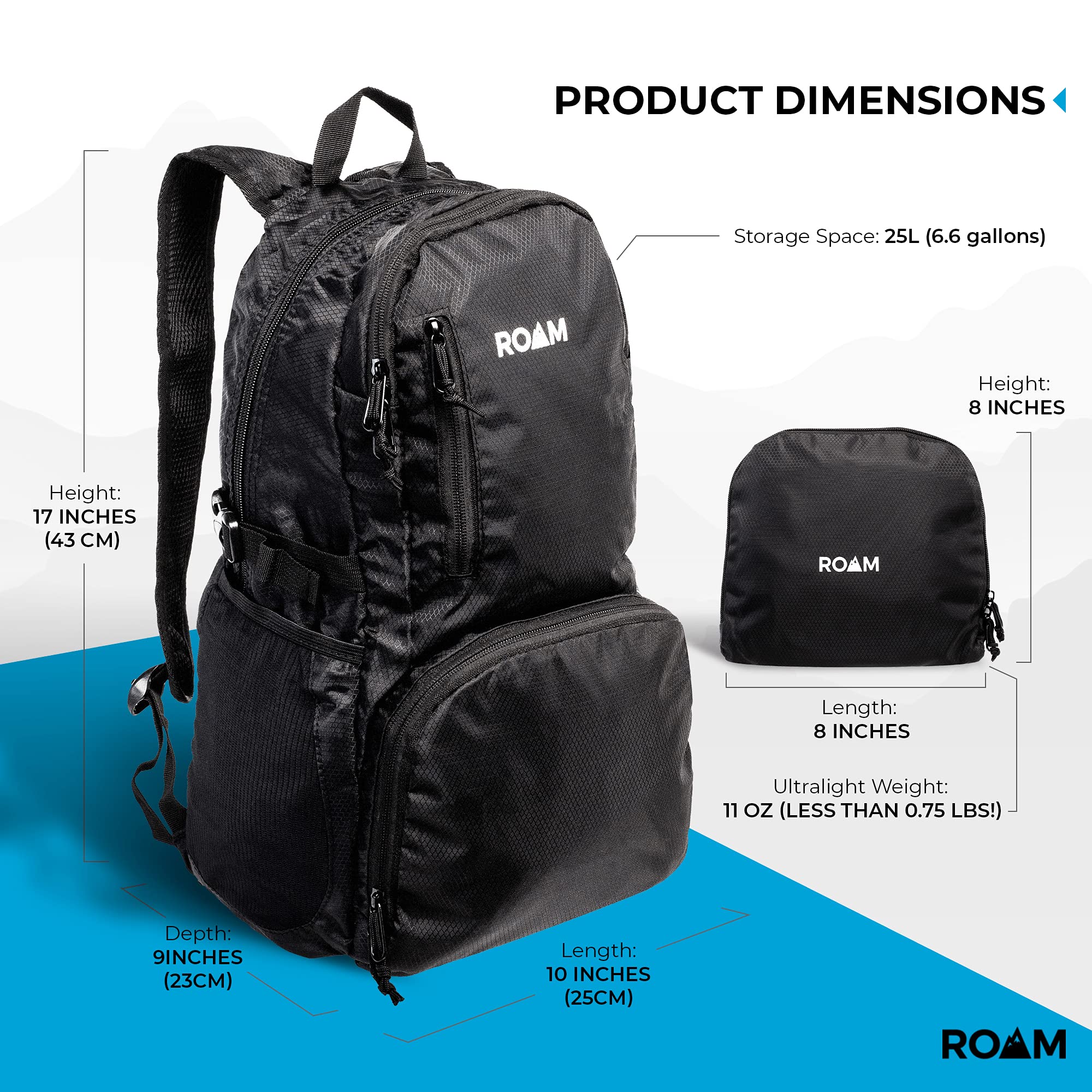 Roam 25L Hiking Daypack, Lightweight Packable Backpack, Rainproof, for Travel, Camping, Foldable, Durable, Water Resistant Ultra Light - Light Grey