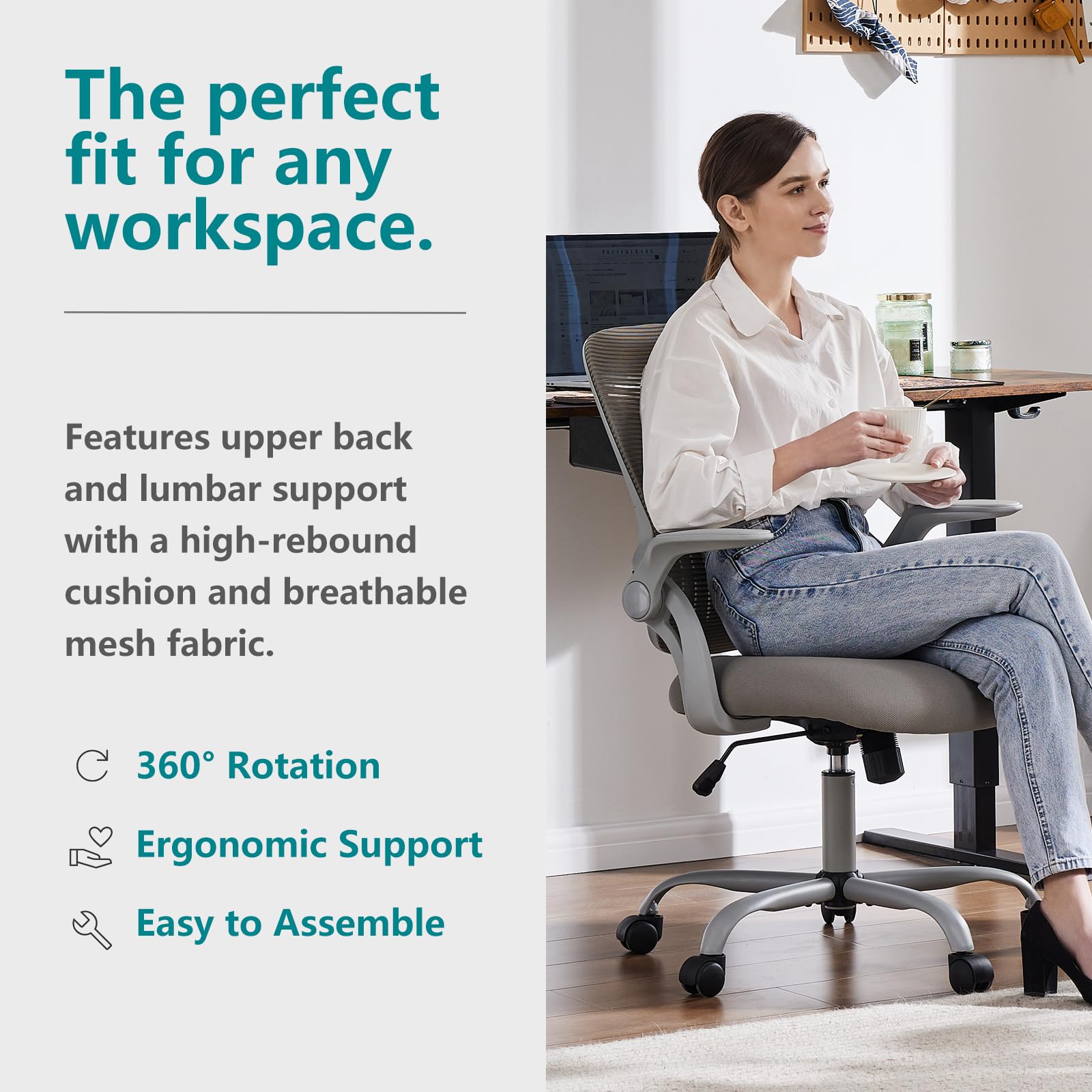 Office Chair, Ergonomic Desk Chair, Mid Back Mesh Computer Chair, Height Adjustable Rolling Swivel Task Chair with Flip-up Armrests and Lumbar Support