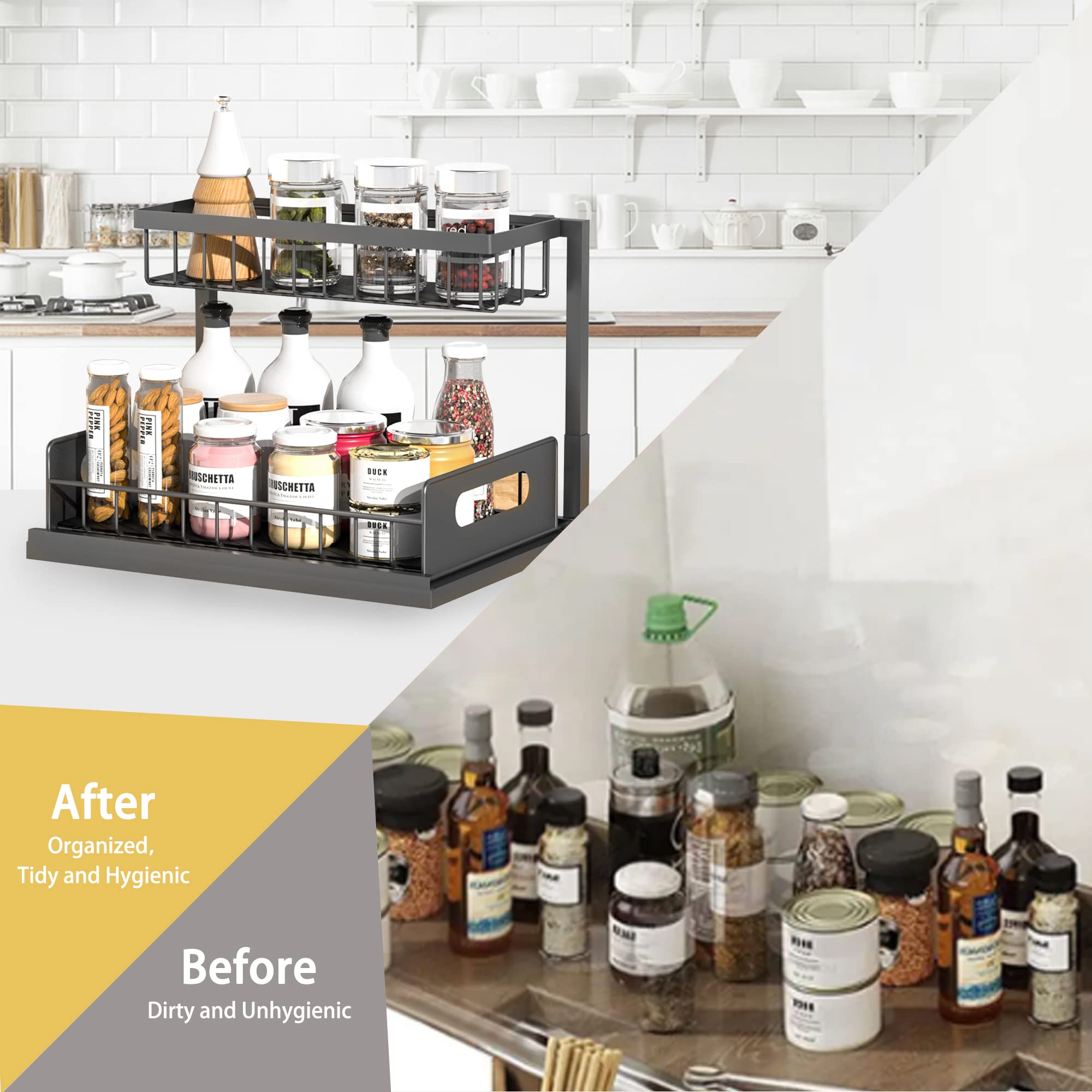 Under Sink Organizers and Storage, Multi-purpose 2-Tier Sliding Cabinet Basket Organizer Drawers, Kitchen Under Bathroom Storage Rack
