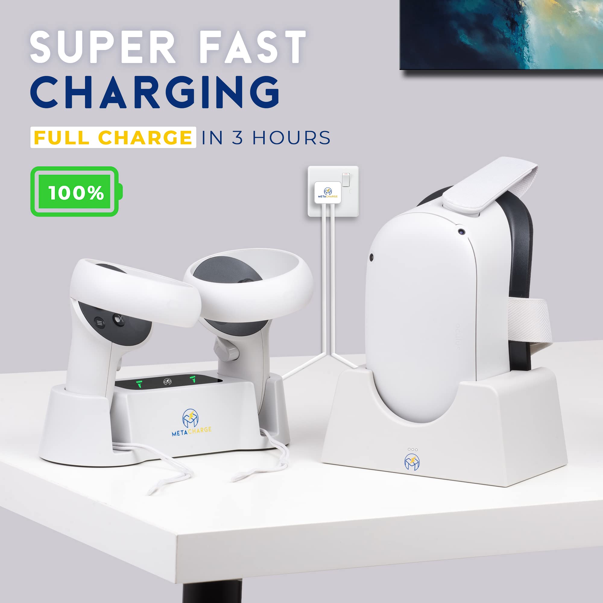MetaCharge Charging Dock for Meta Quest 2 Virtual Reality Headset, Charging Station for Oculus VR, Comes with 2 Rechargeable Batteries (Support Elite Strap with Battery)