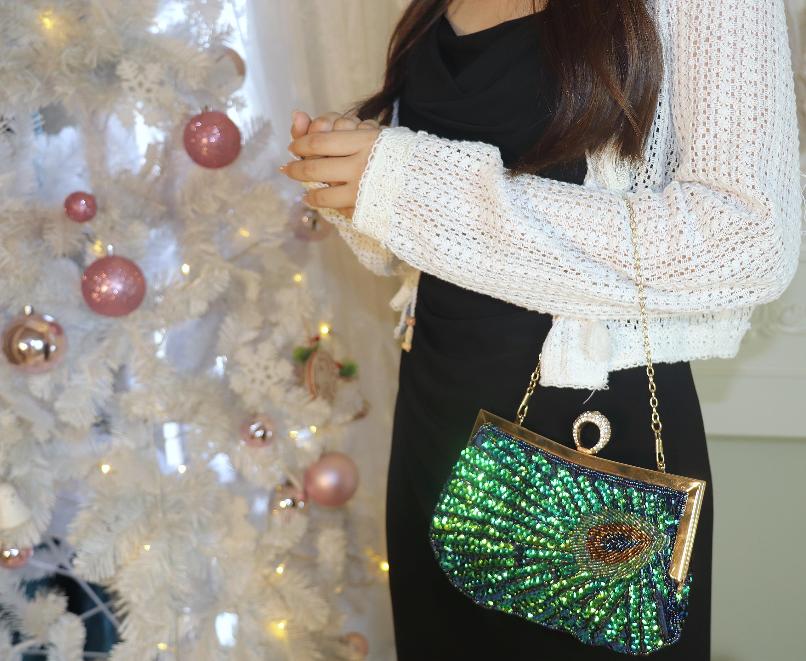 Peacock Evening Bag Sequins Beaded Clutch Purse with Ring Lock Closure for Wedding Party Peacock Blue