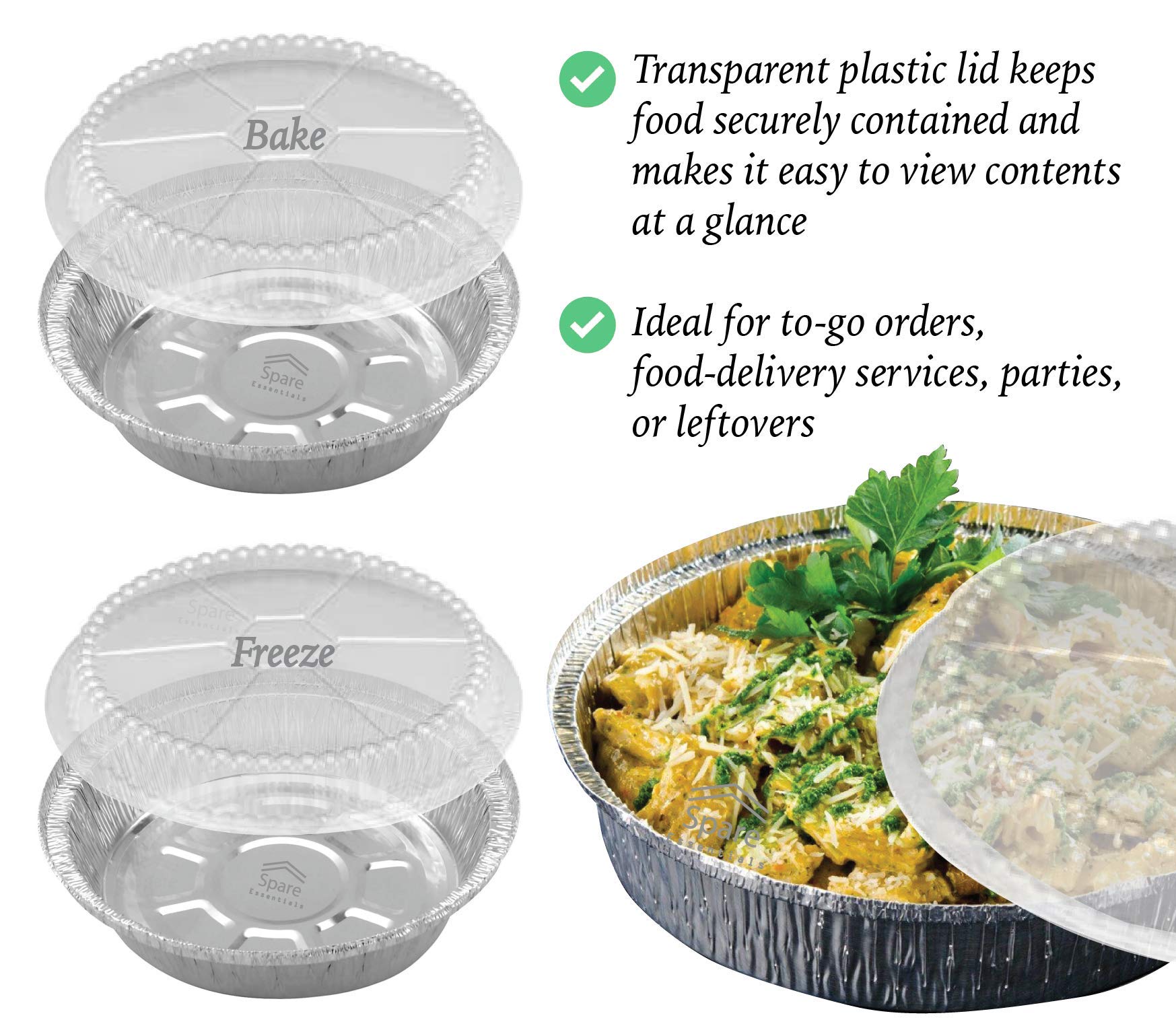 Spare Essentials (55 Pack 7 inch Aluminum Baking Pan, Round Aluminum Pans with Clear Lids, Takeout Containers Freezer & Oven Safe, Food Containers with Lids for Food Transport, Disposable Round Tins