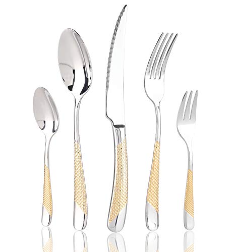 Silverware Set Stainless Steel Flatware Tableware Cutlery Set Include Knife Fork Spoon Gold Silver Cutlery Set 5 Pcs(Gold)