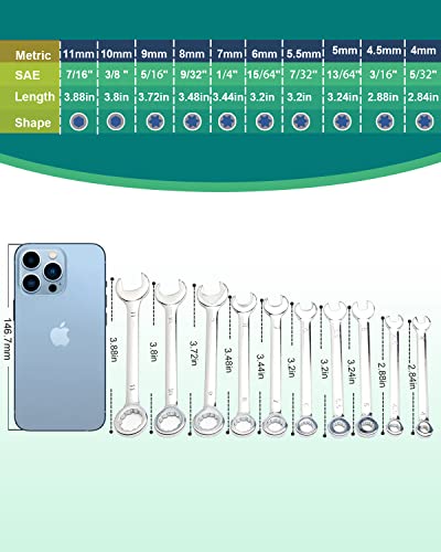 VICRING Small Wrench Set 20 Pcs Mini Wrench Set Metric SAE Ignition Wrench Set Open and Box End Wrench Set Combination Wrench Sets with Storage Pouches and Key Chains, 4mm-11mm & 5/32"-7/16" (Silver)