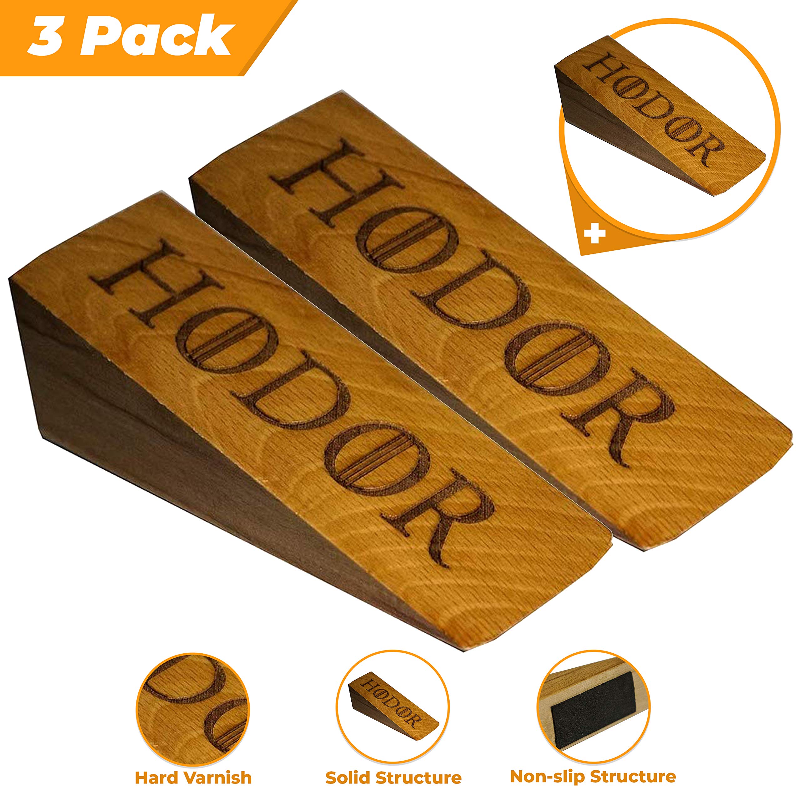 Natural Door Stop Hodor Stopper Elms Wood Ulmaceae Strong Hold Anti- Slip Rubber Wedge GOT Compatible with Every Surface 3 Pack Gift Engraved Merchandise Gag