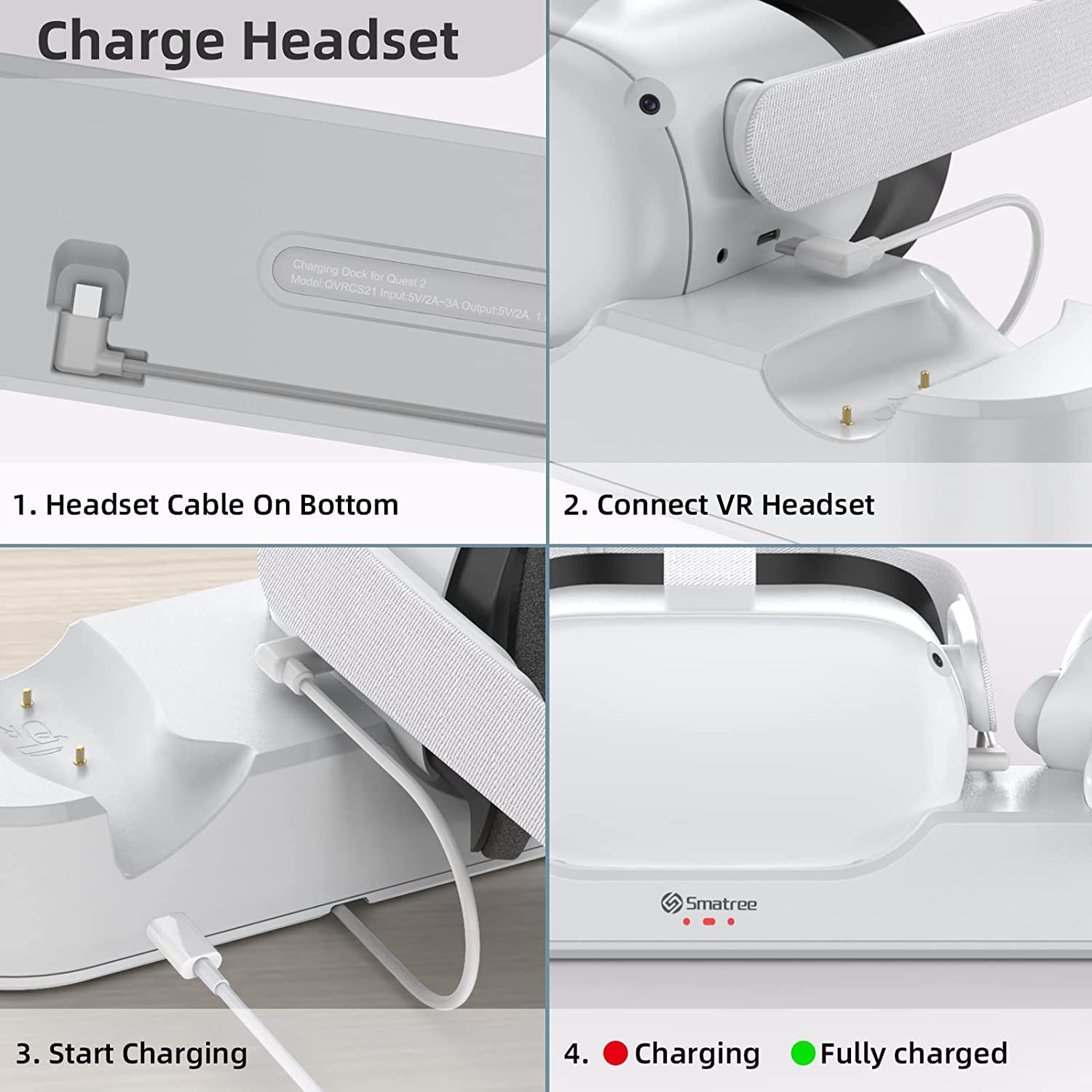Smatree Charging Dock with Adapter and Elite Strap with 5000mAh Battery Set Compatible for Quest 2