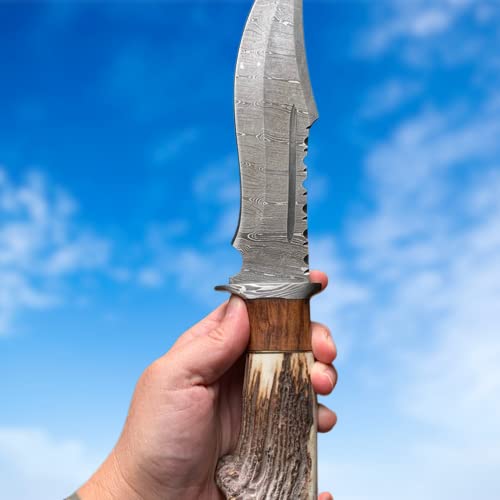 PSK132 - Damascus Steel Bowie Knife, Hunting knife, Viking knife, Stag Crown, Top Selling, Brown