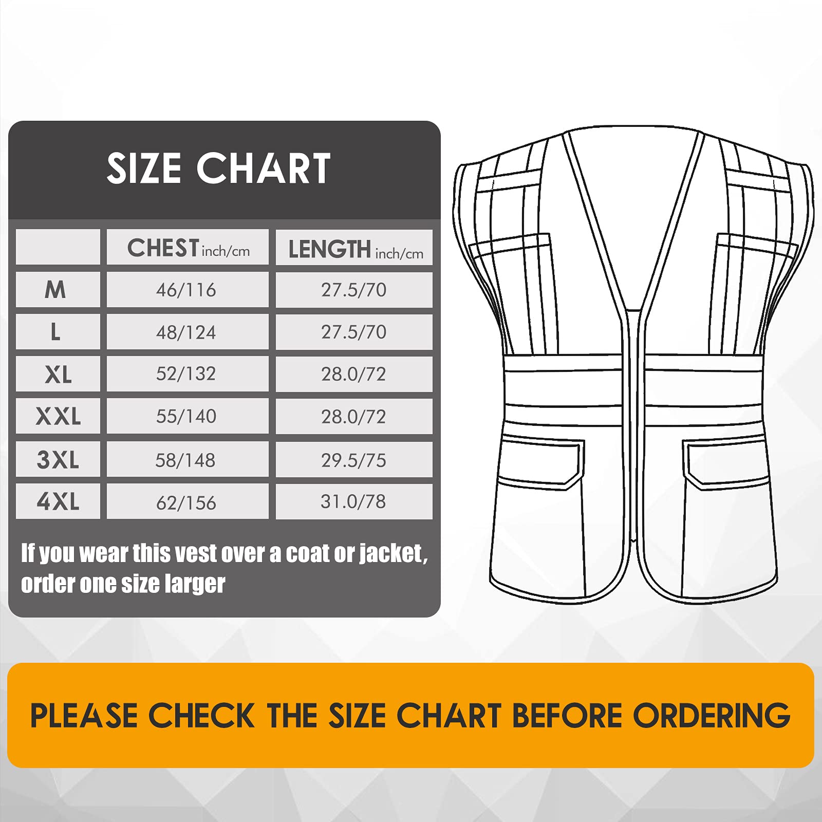 SULWZM High Visibility Reflective Safety Vest with Zipper and Pockets Black,XXL