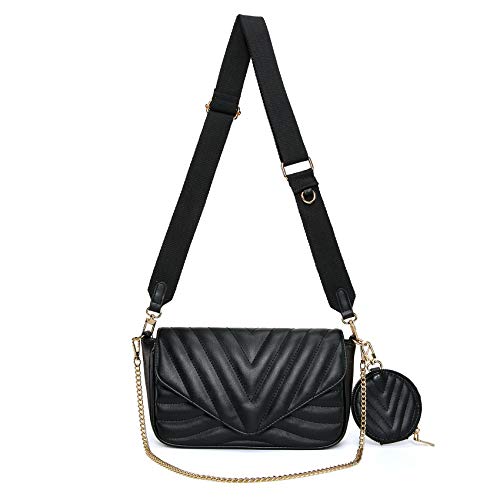Thick Replacement Purse Strap with Round Quilted Coin Pures Pouch for Crossbody Bag Shoulder Handbags (Black)