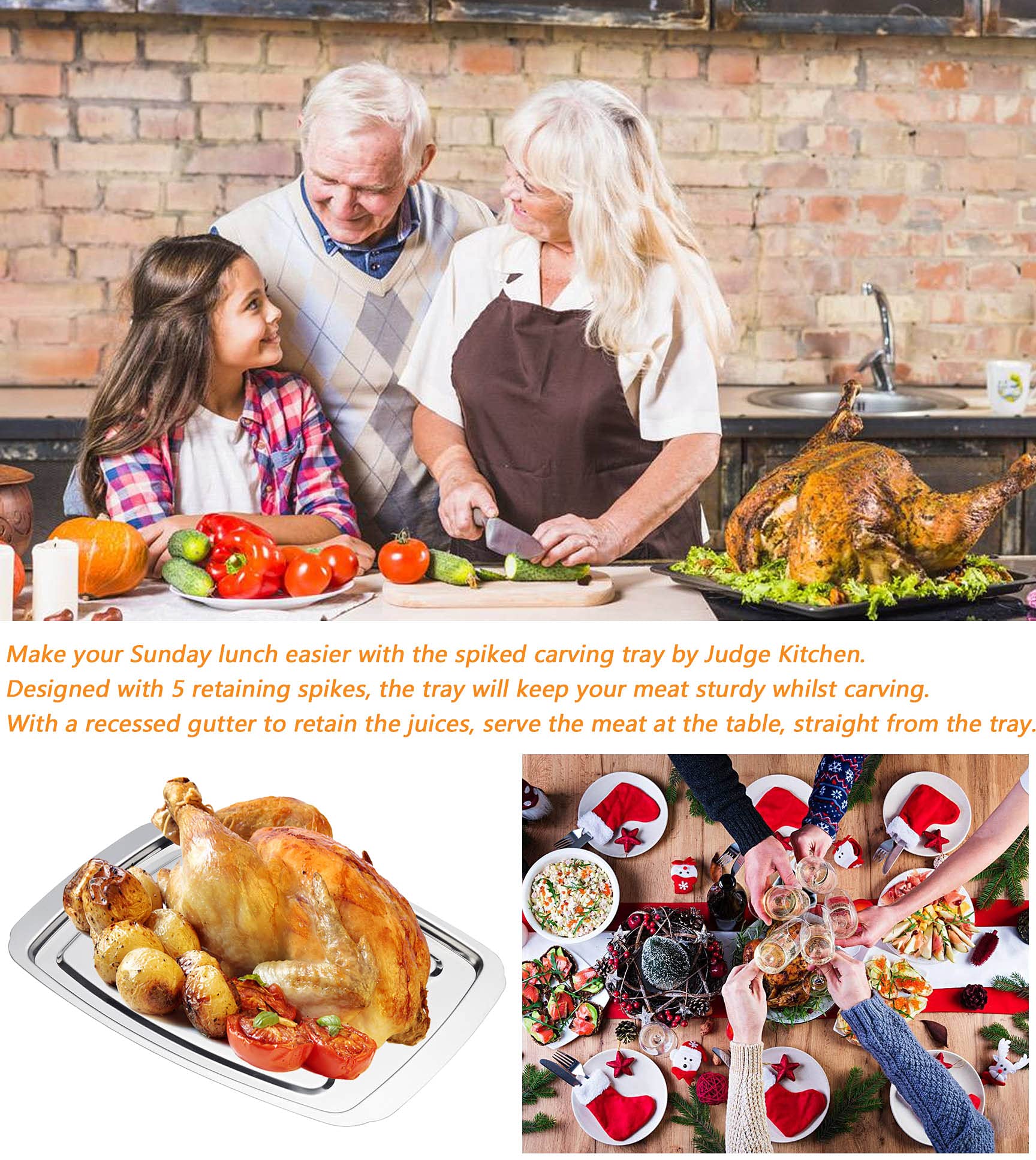Stainless Steel Spiked Roast Chicken Carving Dish Tray, Turkey Meat Serving, Stainless Steel Carving Knife Fork Set for Meat Turkey(Carving Tray Knife Fork)