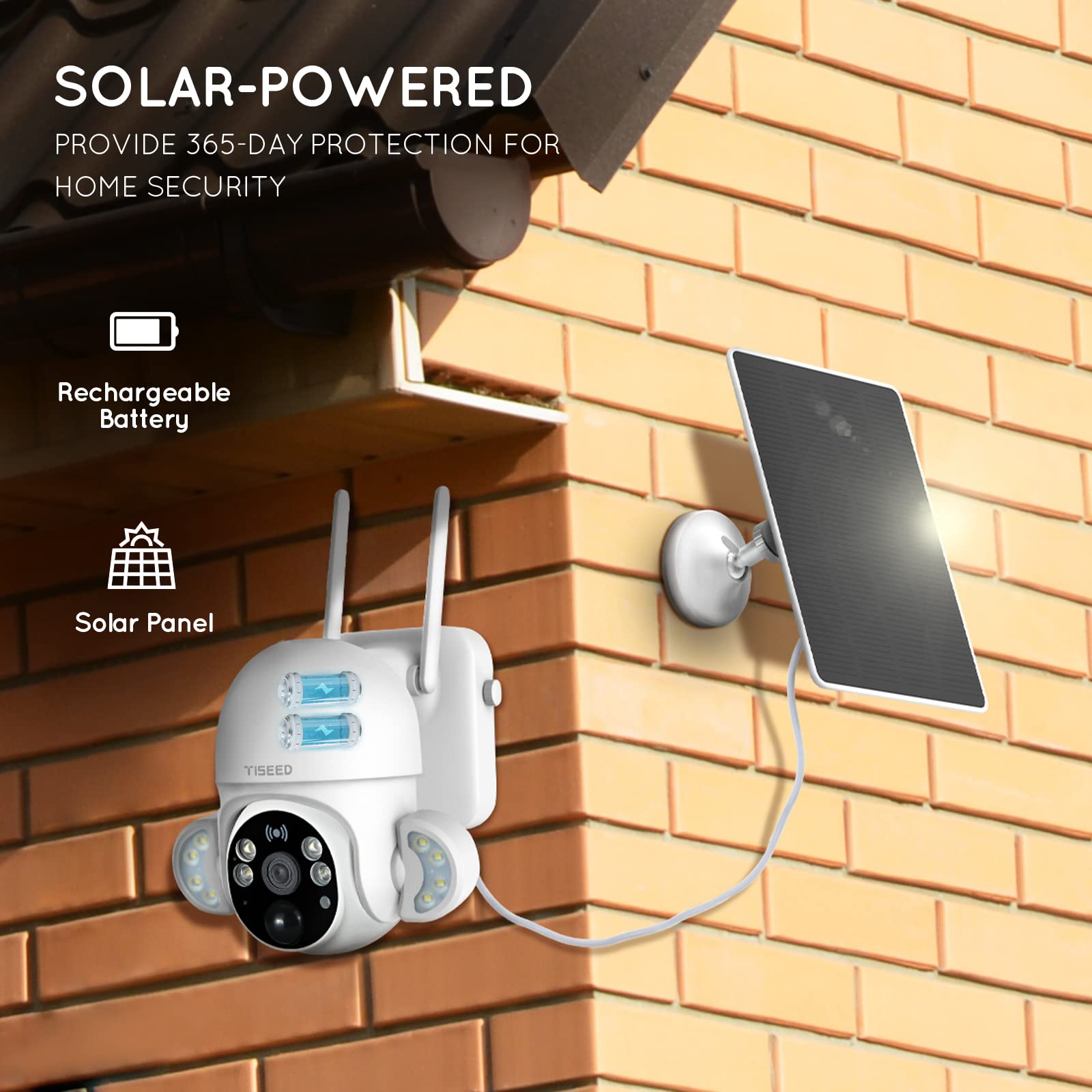 TISEED Security Cameras Wireless Outdoor, Solar Security Camera 360°-View, PTZ Wireless Outdoor Camera 2.4G WiFi PIR Motion Detection, Floodlight Outdoor Camera 10400mAh Color Night Vision Waterproof