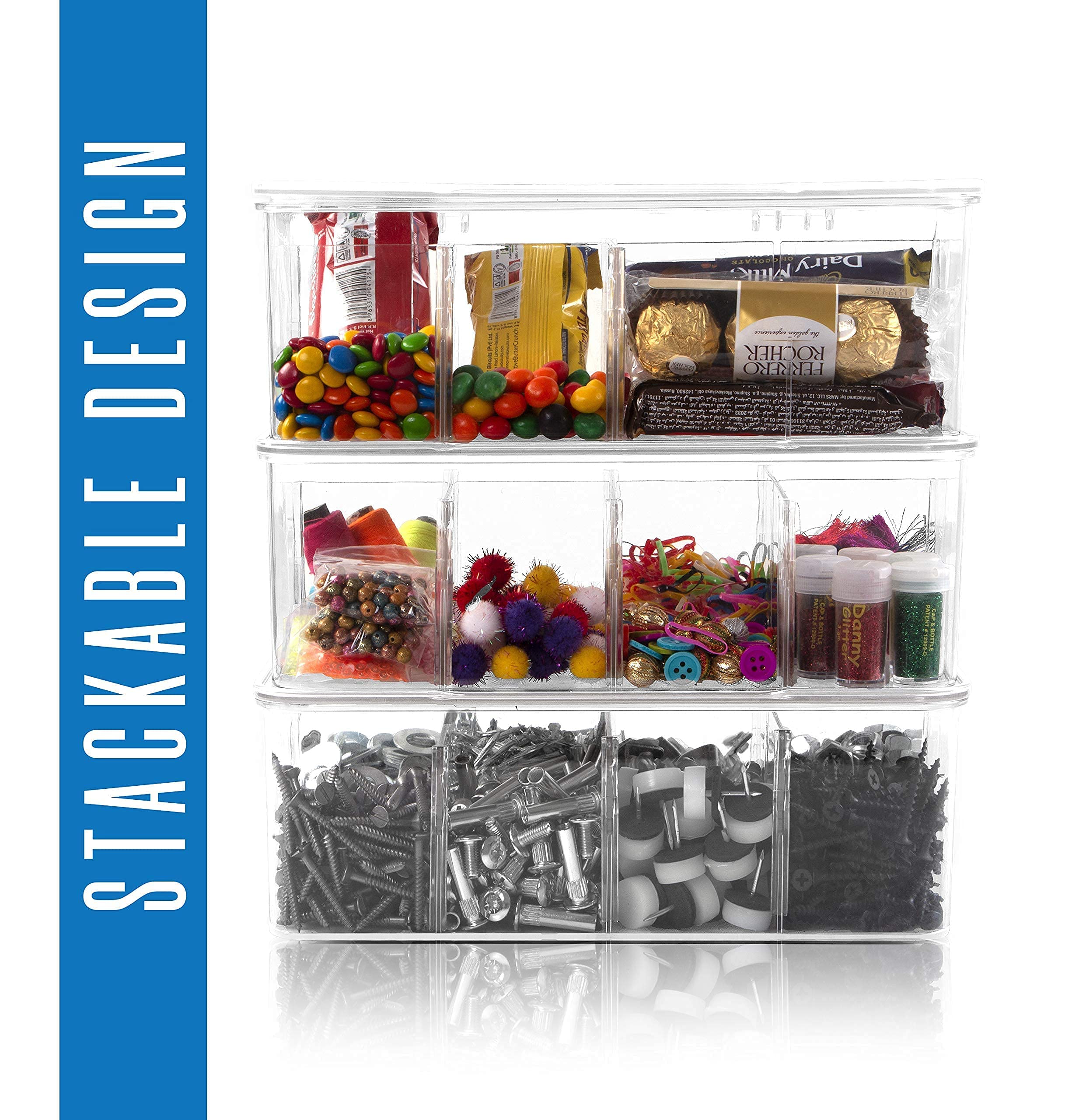 Utopia Home Set of 11 Organizers-8 Pantry Organizers (4 Large & 4 Small Drawers) & 3 Stackable Tea Bag Organizer Box with Clear Top Lids - Plastic Storage Racks for Freezers, Kitchen and Cabinets